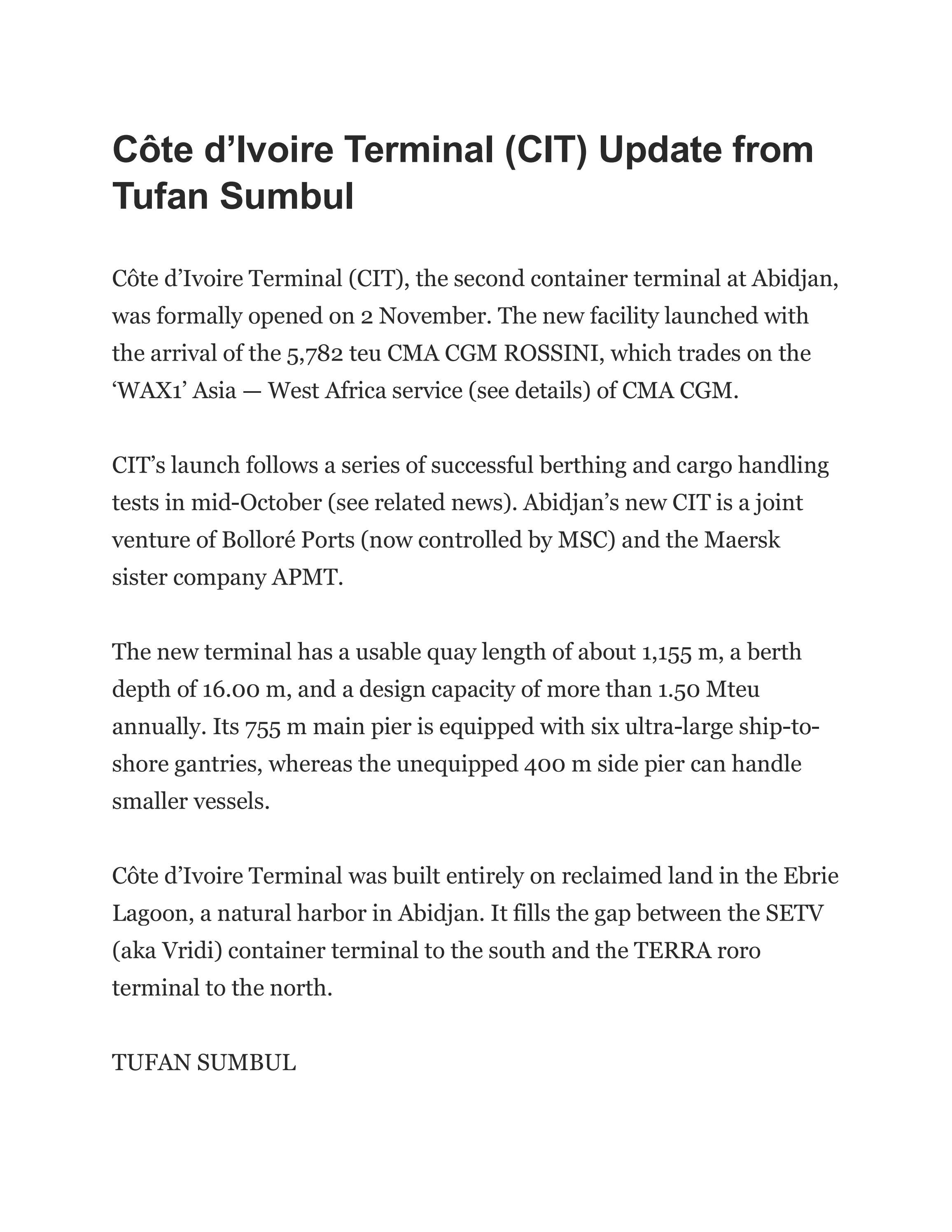 Côte d’Ivoire Terminal (CIT) Update from Tufan Sumbul by TUFAN SUMBUL ...