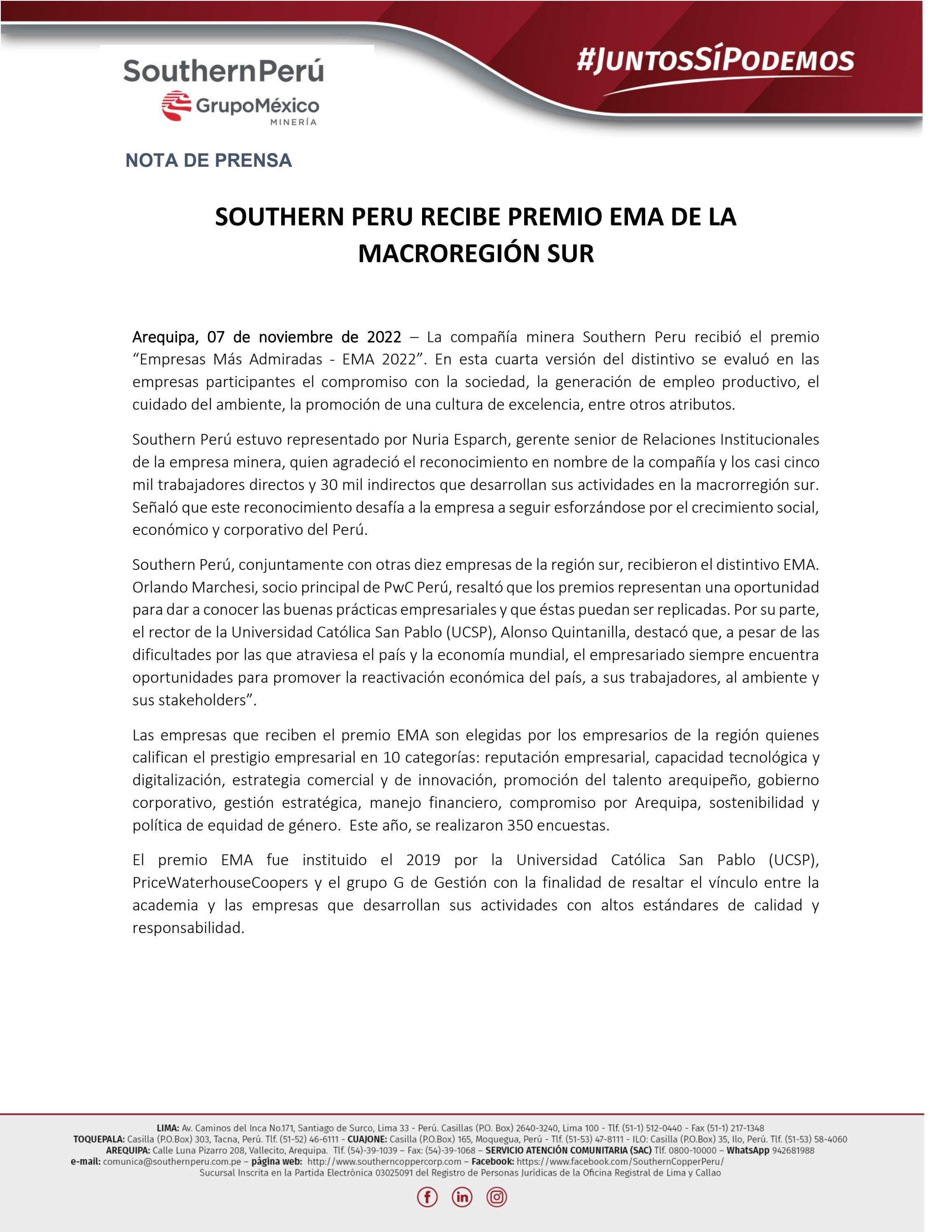 SOUTHERN PERU RECIBE PREMIO EMA DE LA MACROREGIÓN SUR by Sociedad ...