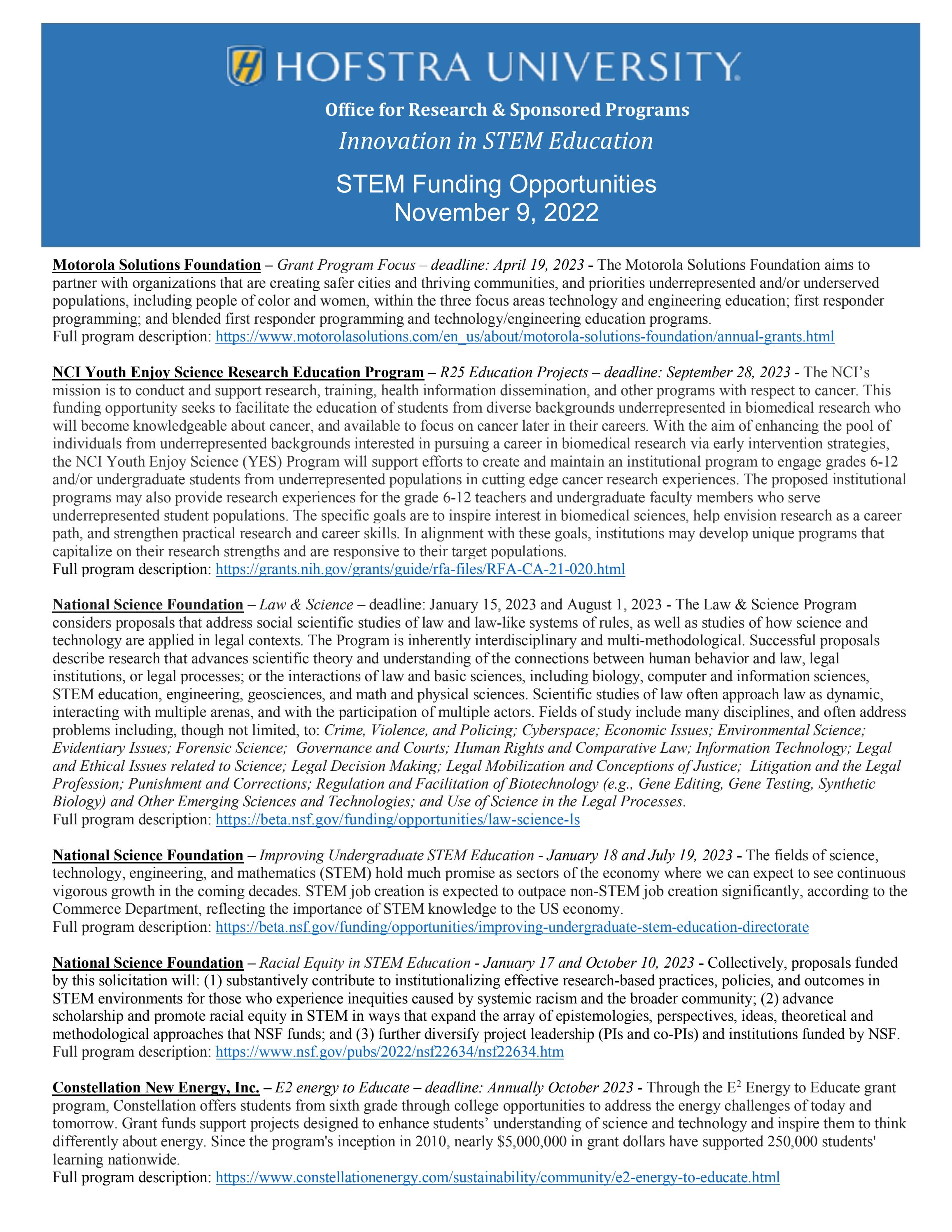STEM Funding Opportunities: November 9, 2022 by Hofstra University - Issuu