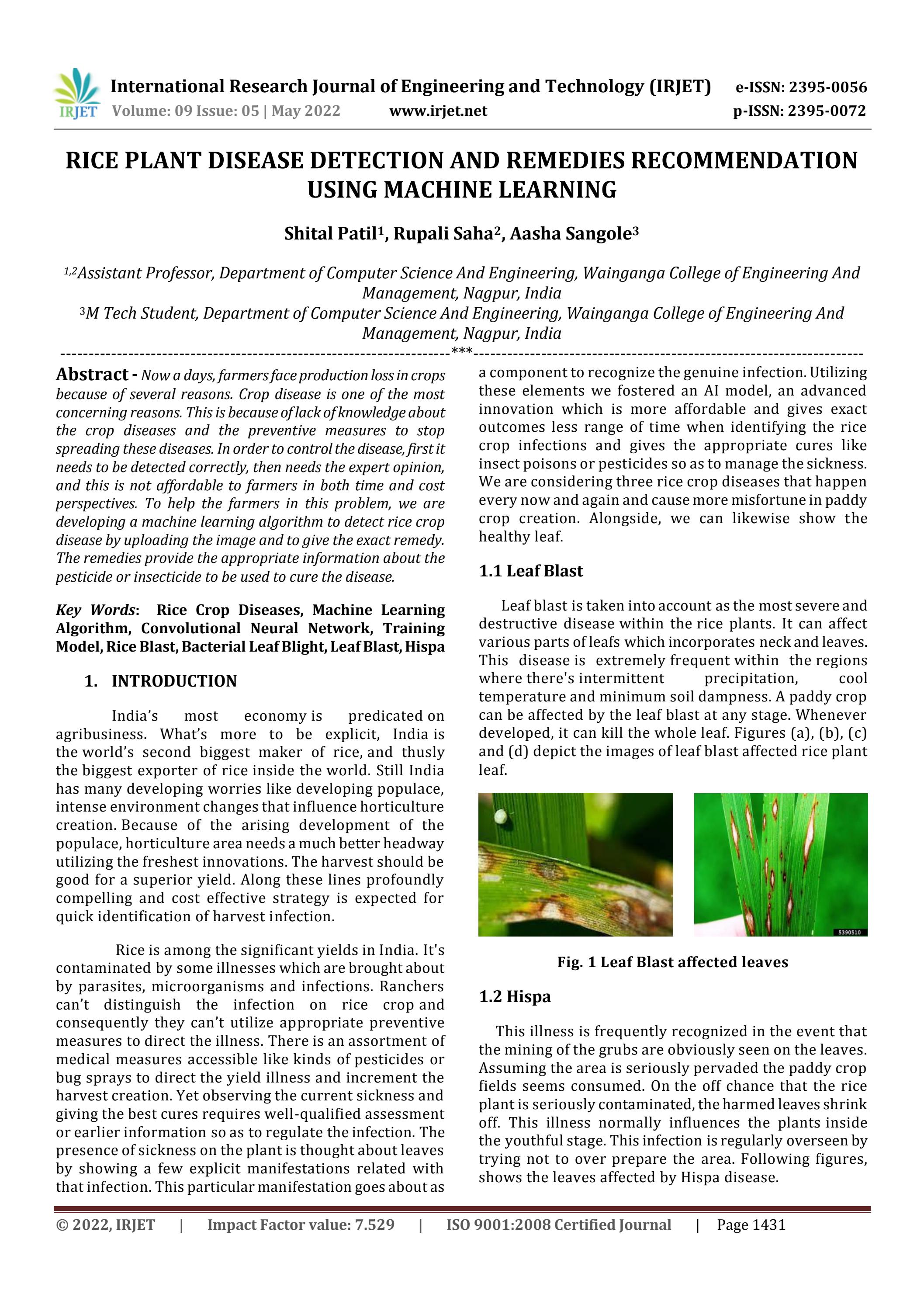 RICE PLANT DISEASE DETECTION AND REMEDIES RECOMMENDATION USING MACHINE ...