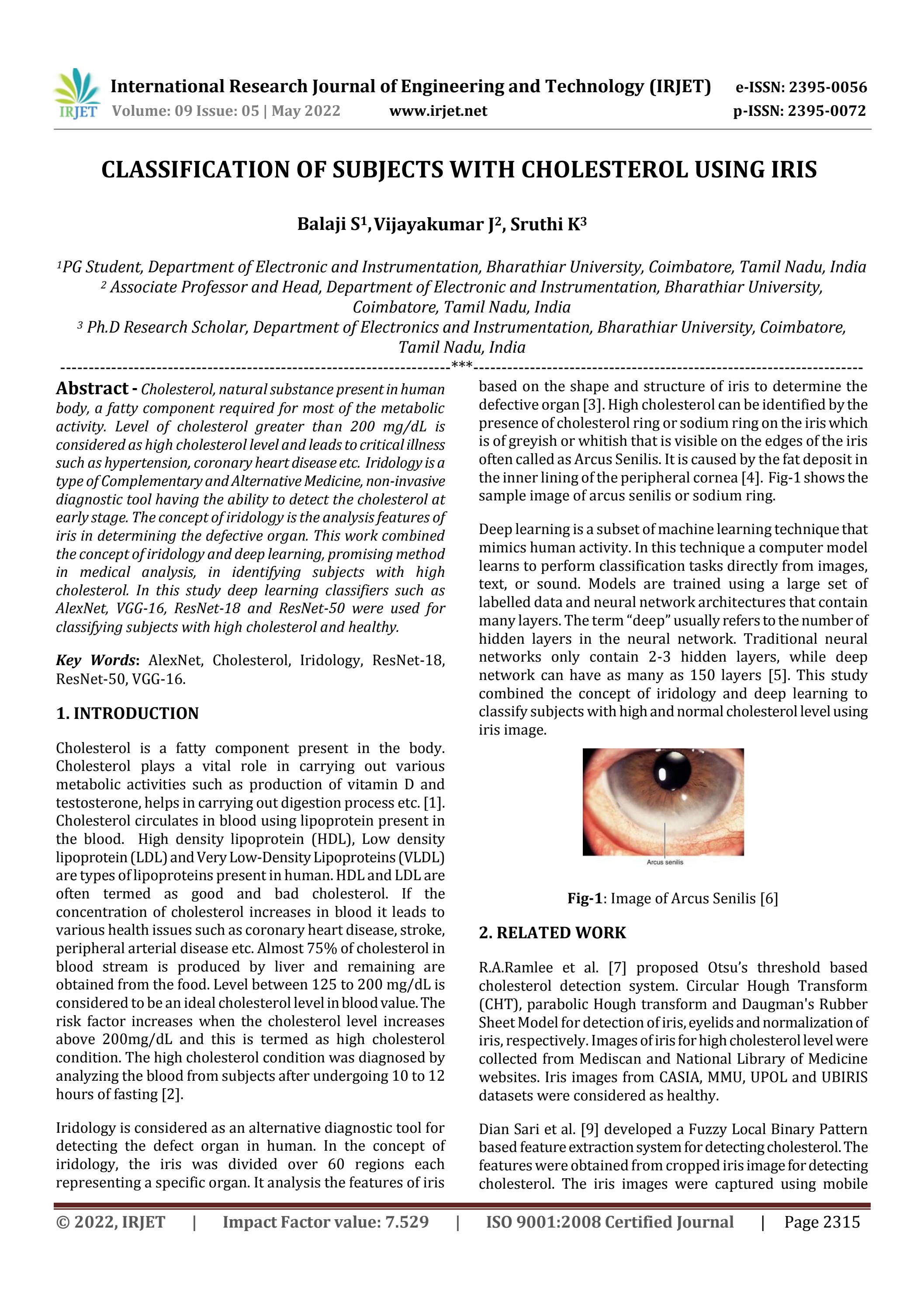 CLASSIFICATION OF SUBJECTS WITH CHOLESTEROL USING IRIS by IRJET Journal ...