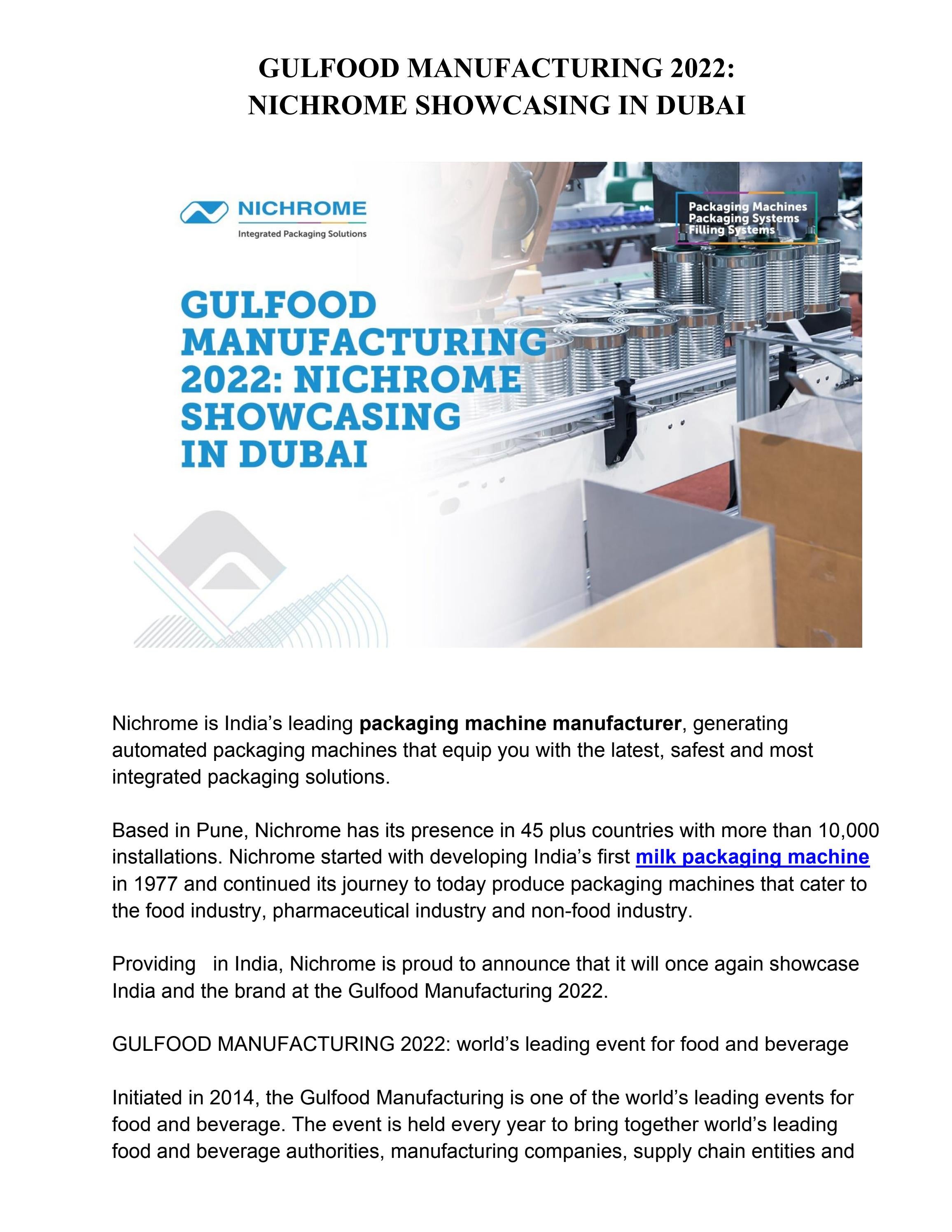 GULFOOD MANUFACTURING 2022: NICHROME SHOWCASING IN DUBAI by Nichrome India - Issuu