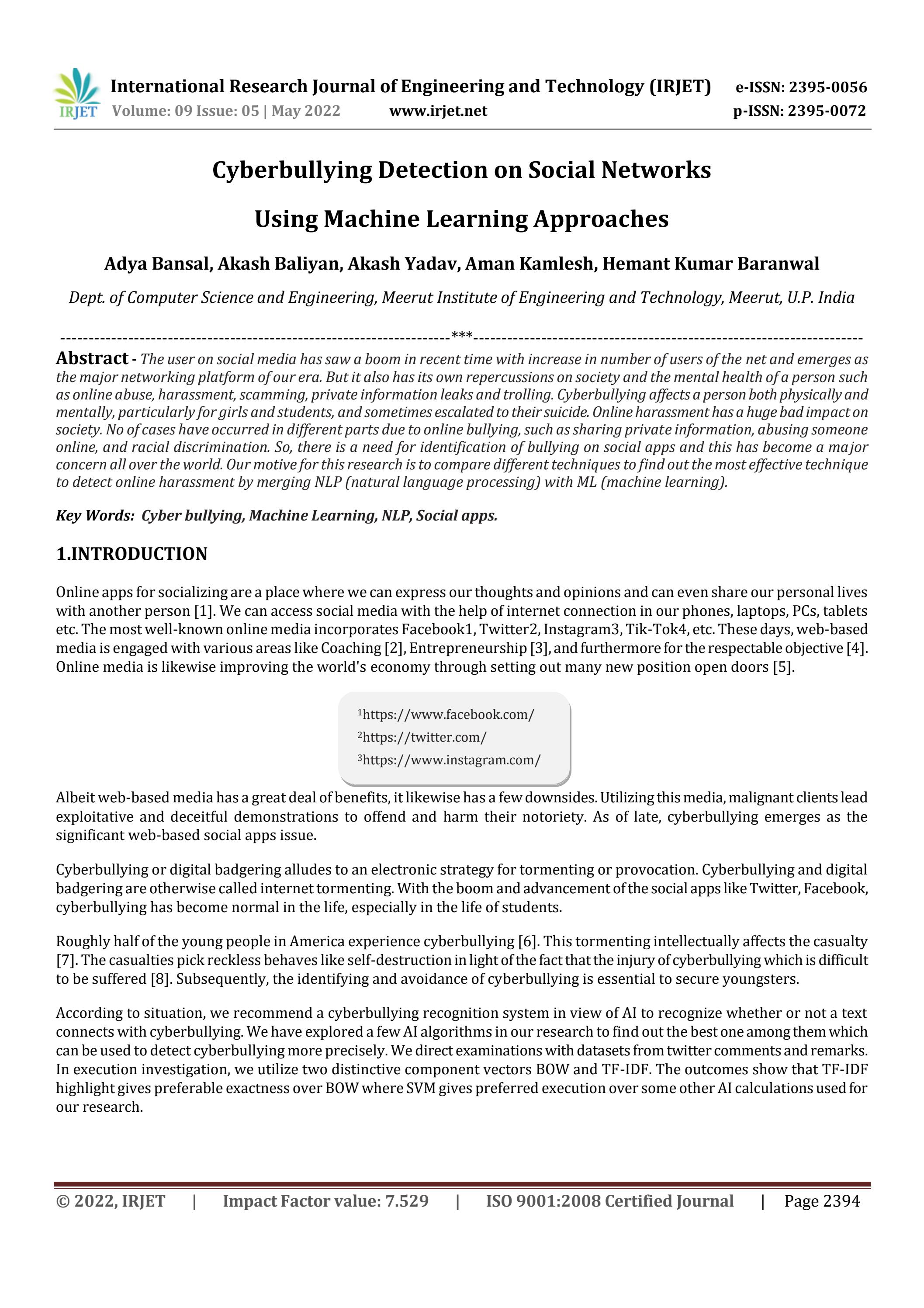 Cyberbullying Detection on Social Networks using Machine Learning ...