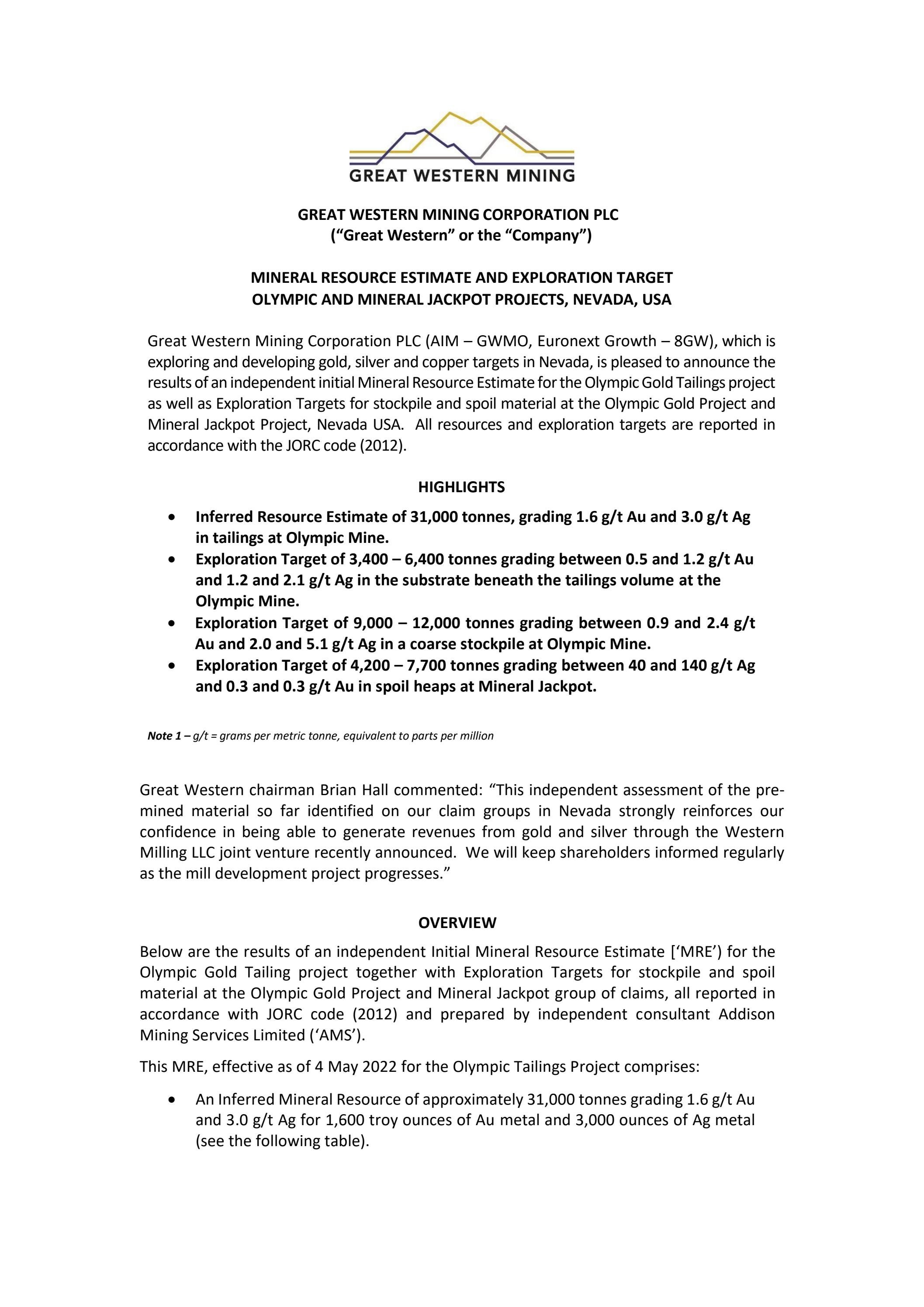 MINERAL RESOURCE ESTIMATE AND EXPLORATION TARGET OLYMPIC AND MINERAL ...