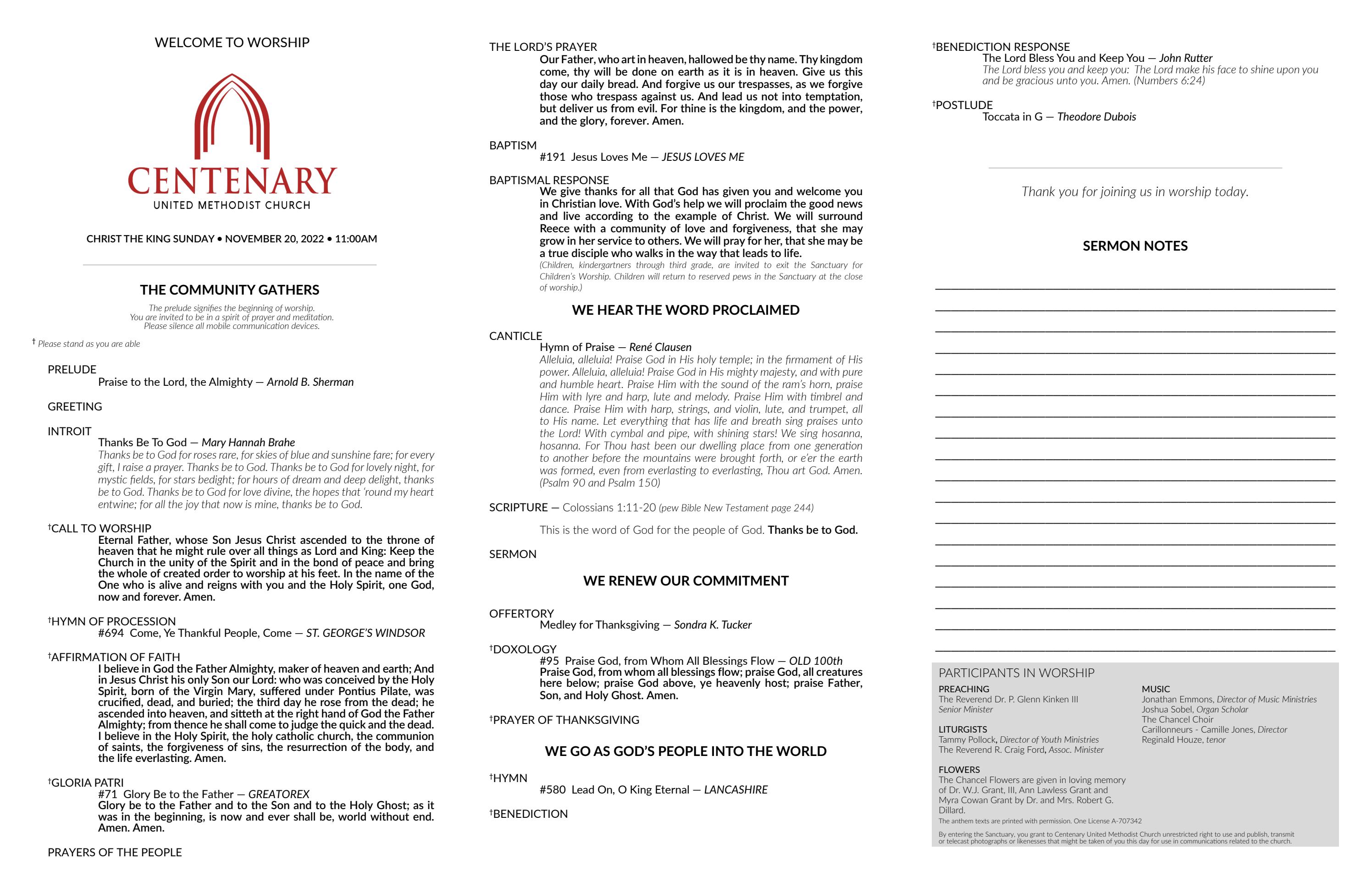 November 20, 2022 • 11am Worship by Centenary United Methodist Church ...