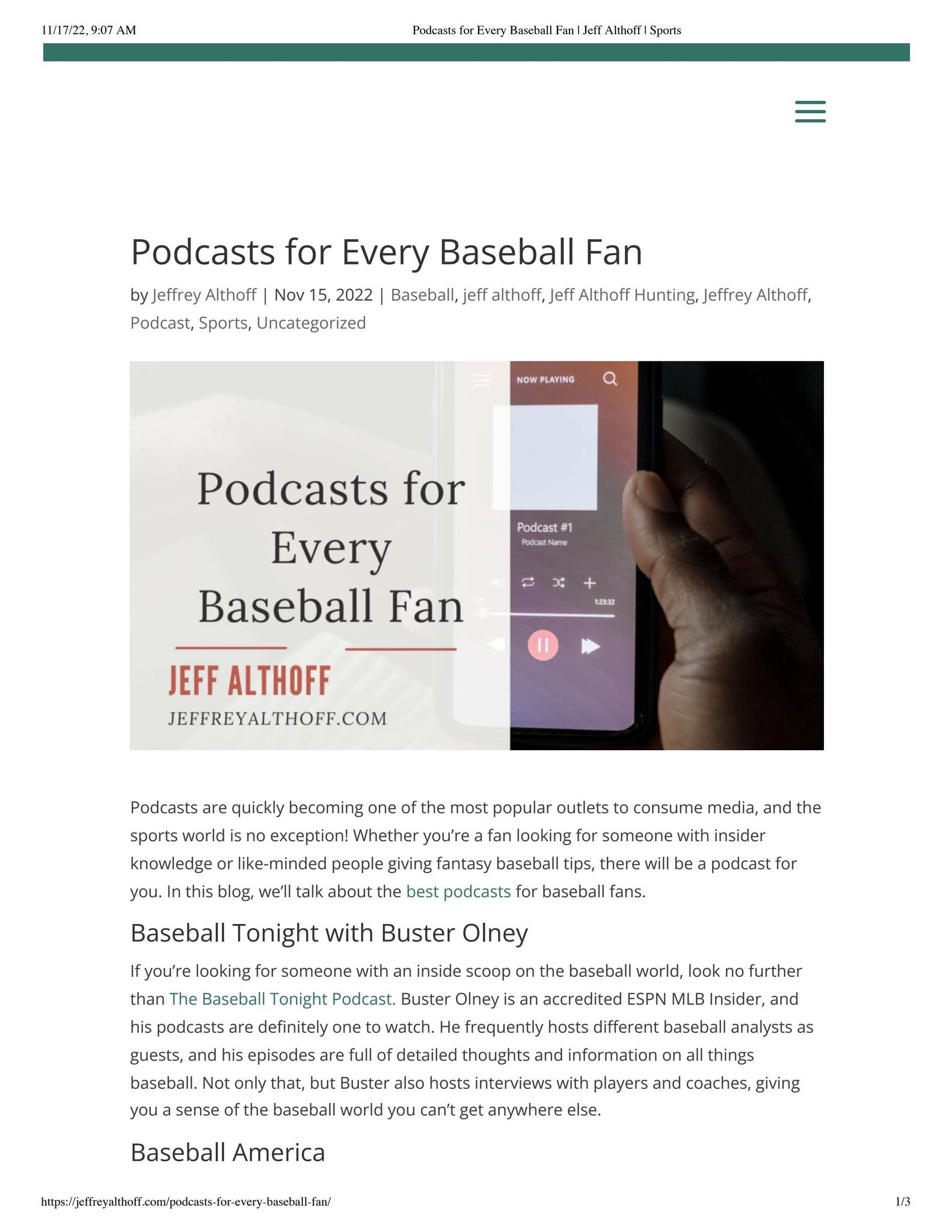Podcasts for Every Baseball Fan | Jeffrey Althoff Hunting by Jeffrey ...