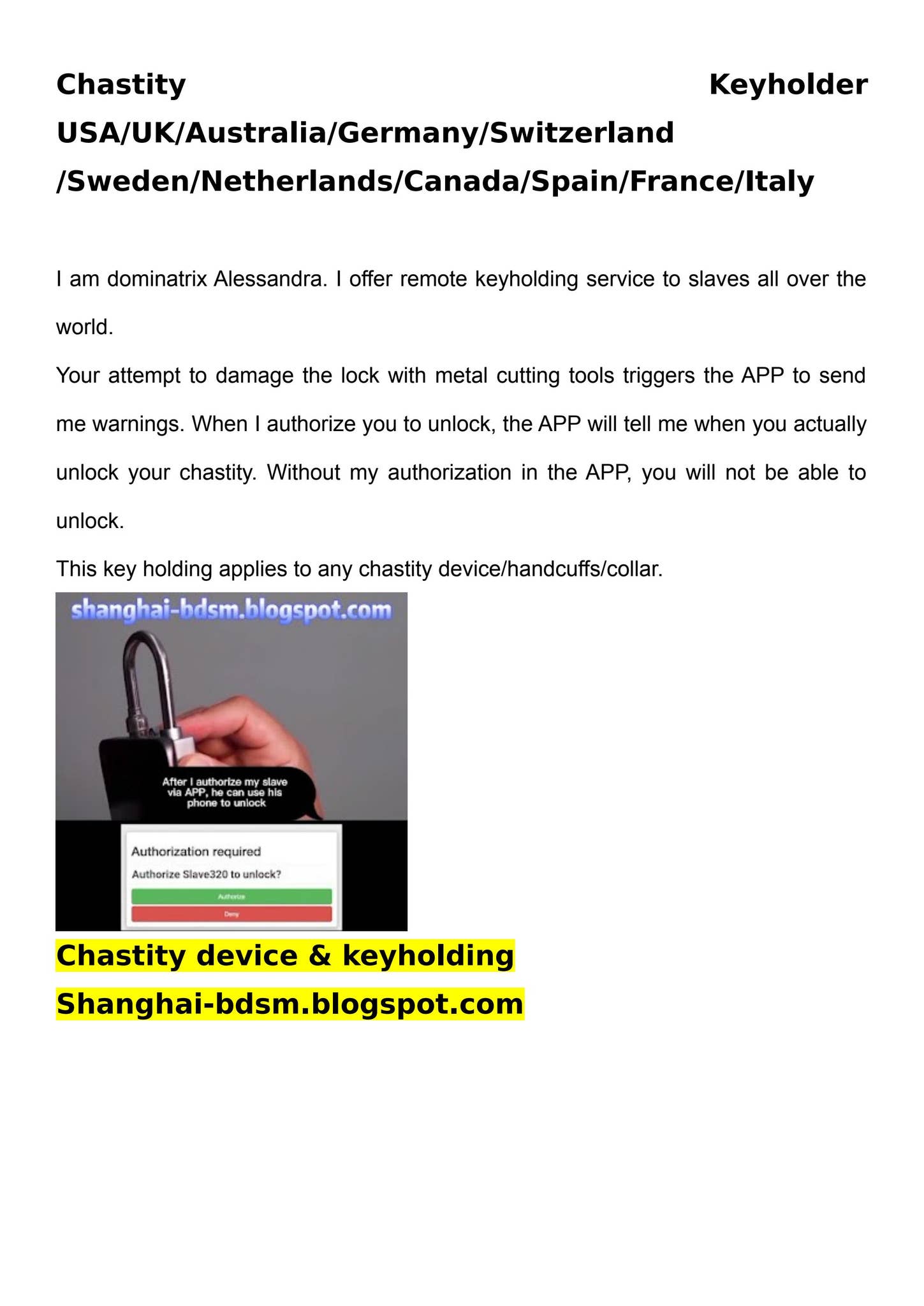 Chastity Keyholder USA/UK/Australia/Germany/Switzerland /Sweden/Netherlands/Canada/Spain/France ...