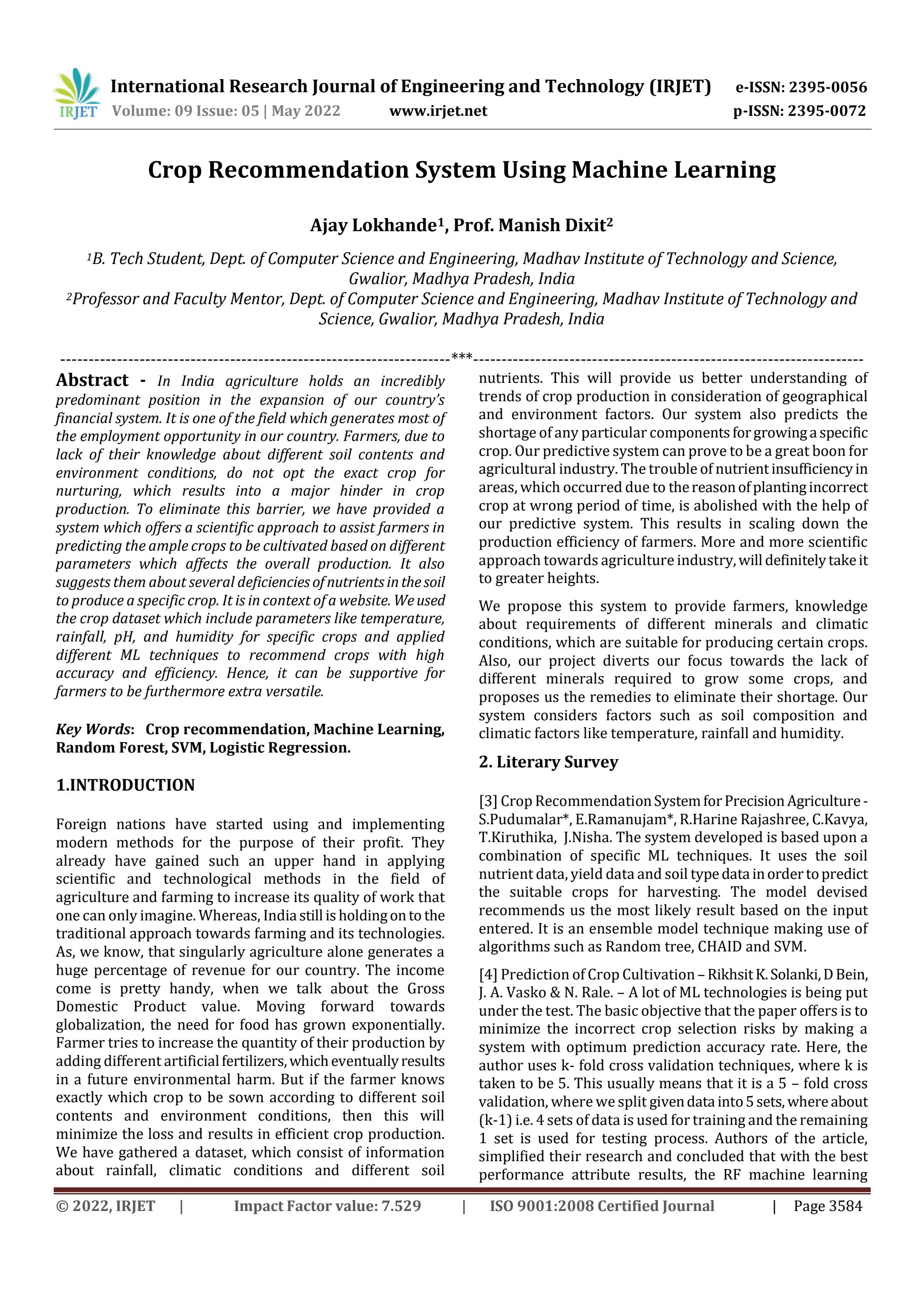 Crop Recommendation System Using Machine Learning by IRJET Journal - Issuu