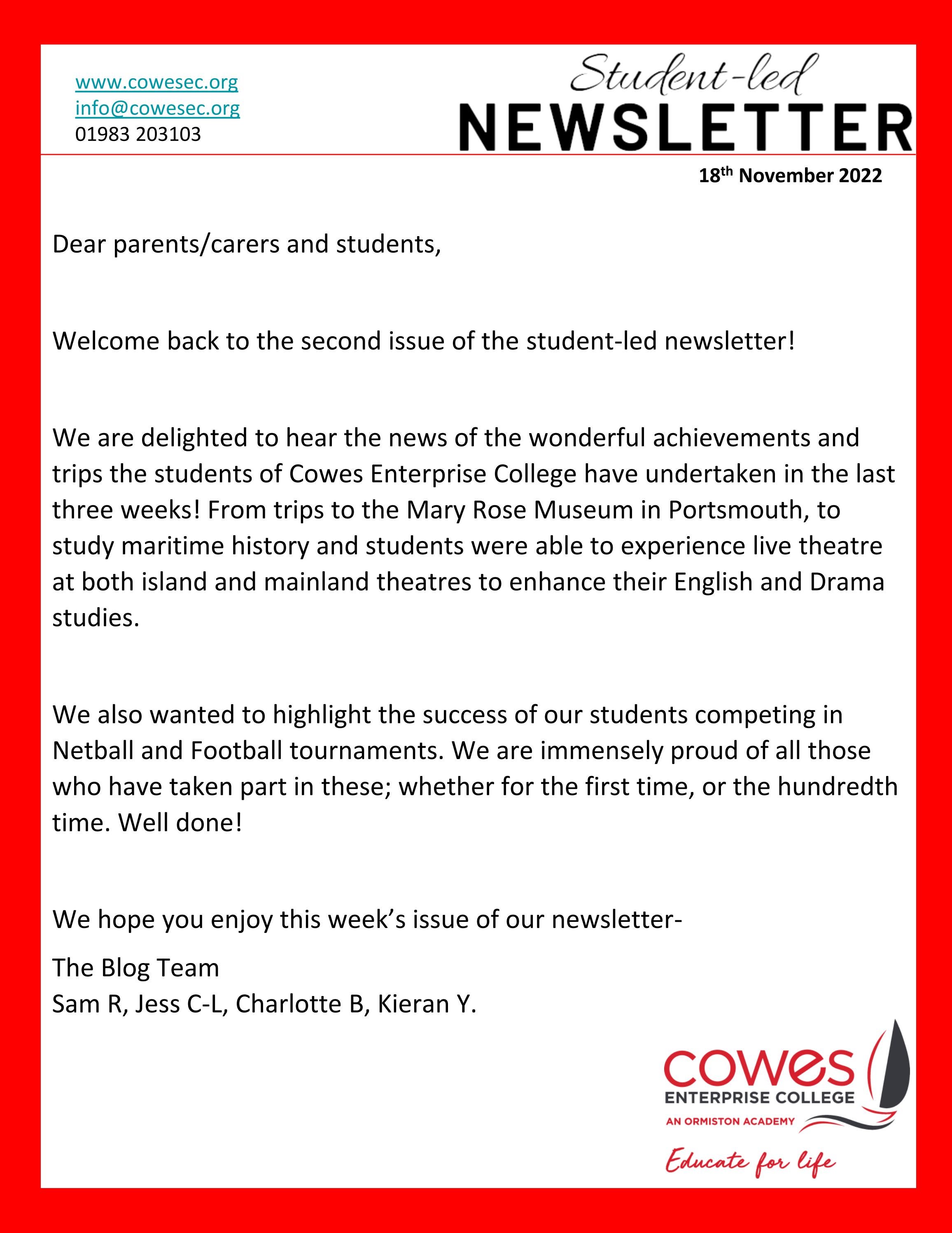 Student Newsletter 18.11.22 by Cowes Enterprise College - Issuu