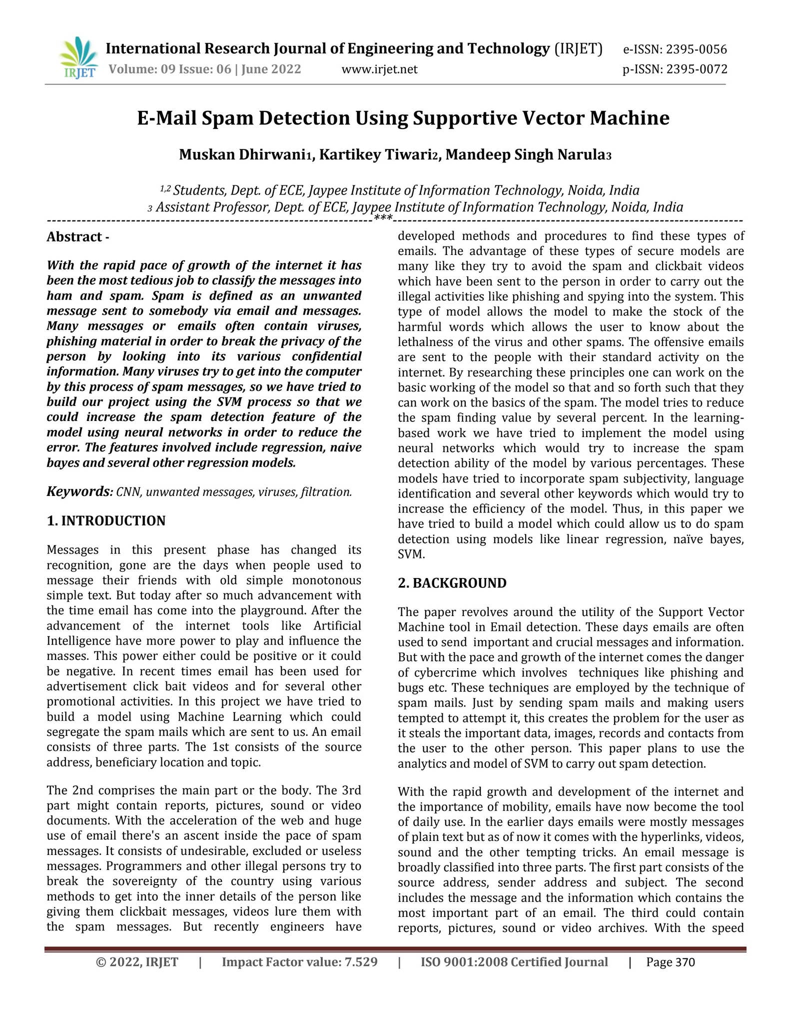 E-Mail Spam Detection Using Supportive Vector Machine by IRJET Journal ...