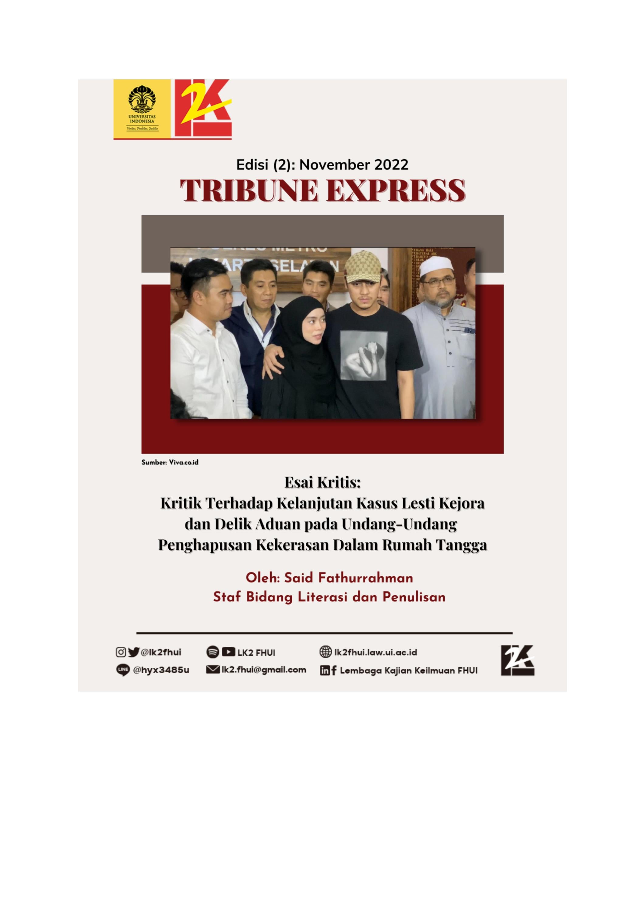 Tribune Express LK2 - Esai Kritis: Kritik Terhadap Kasus Lesti Kejora ...