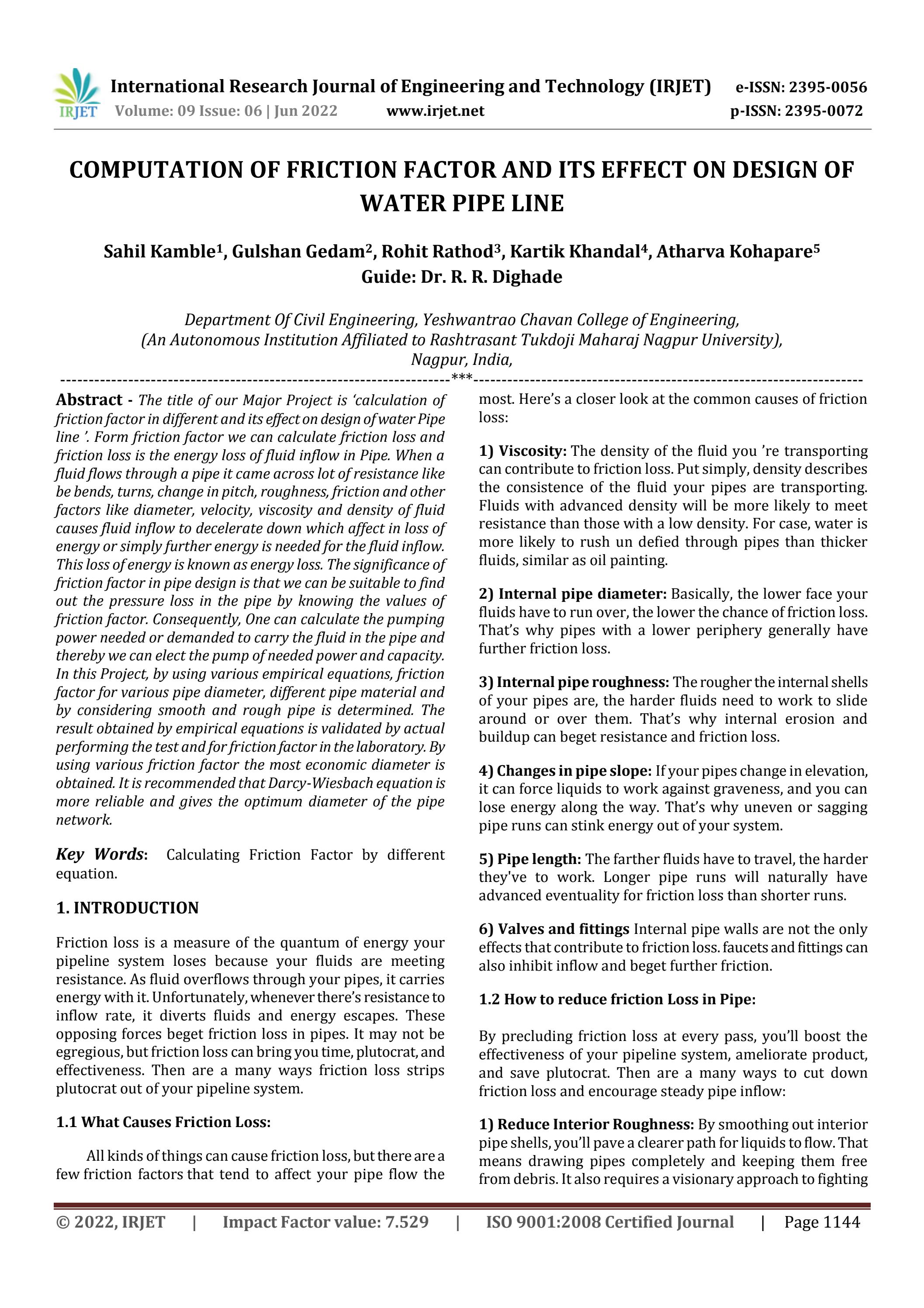 COMPUTATION OF FRICTION FACTOR AND ITS EFFECT ON DESIGN OF WATER PIPE computation-of-friction-factor-and-its-effect-on-design-of-water-pipe