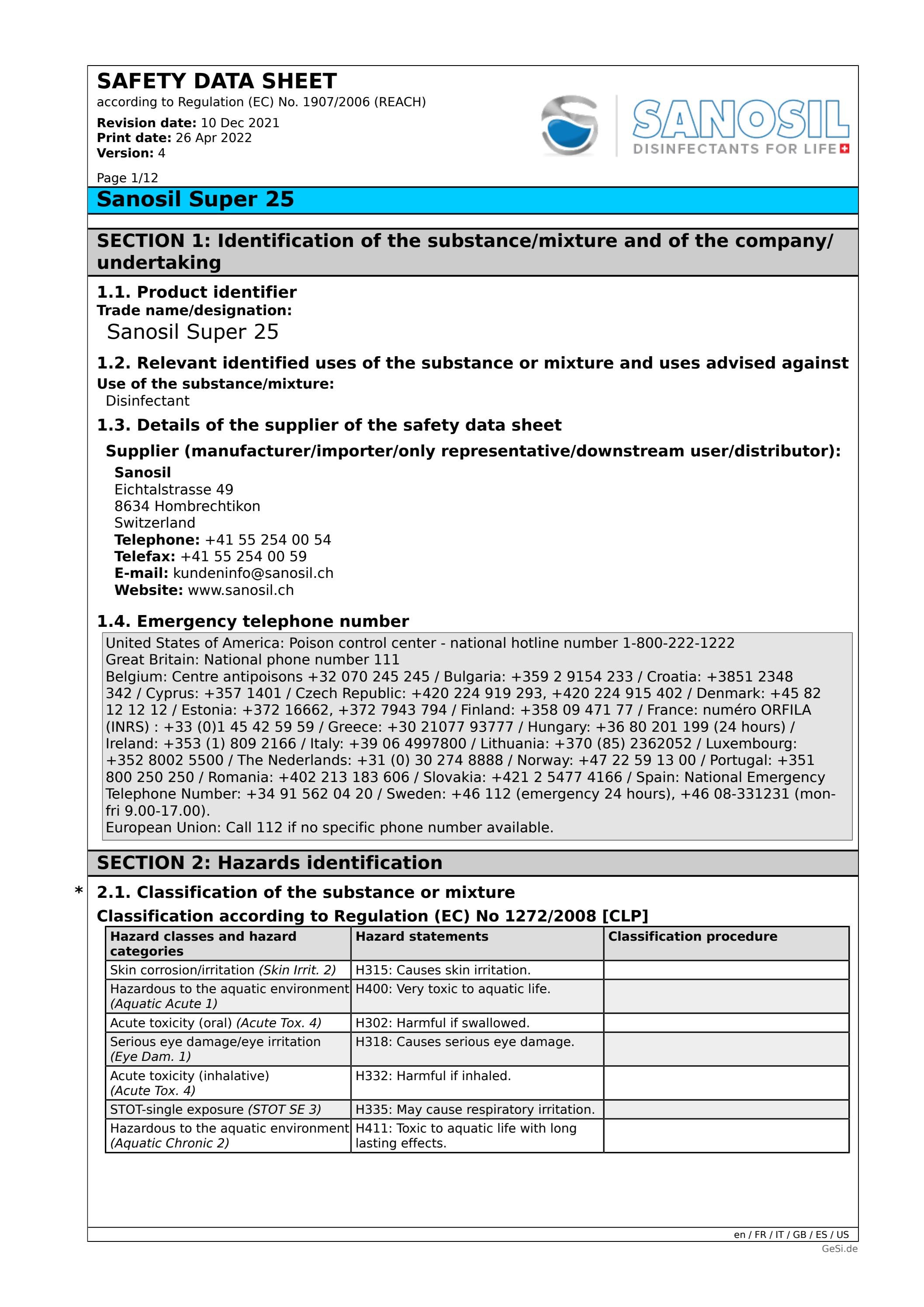 SDS - Sanosil Super 25 - EN by Sanosil - Issuu