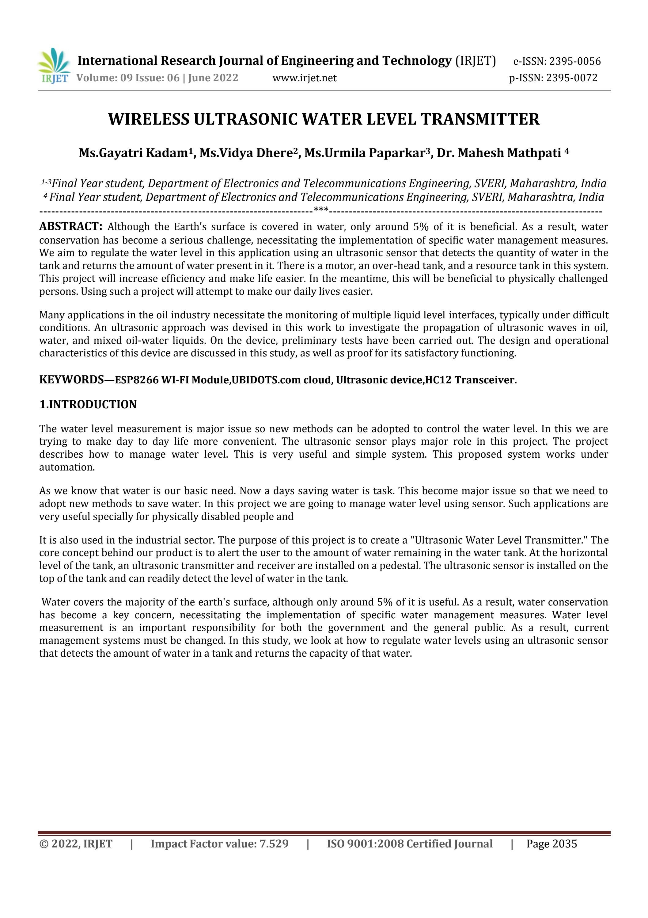 WIRELESS ULTRASONIC WATER LEVEL TRANSMITTER by IRJET Journal - Issuu
