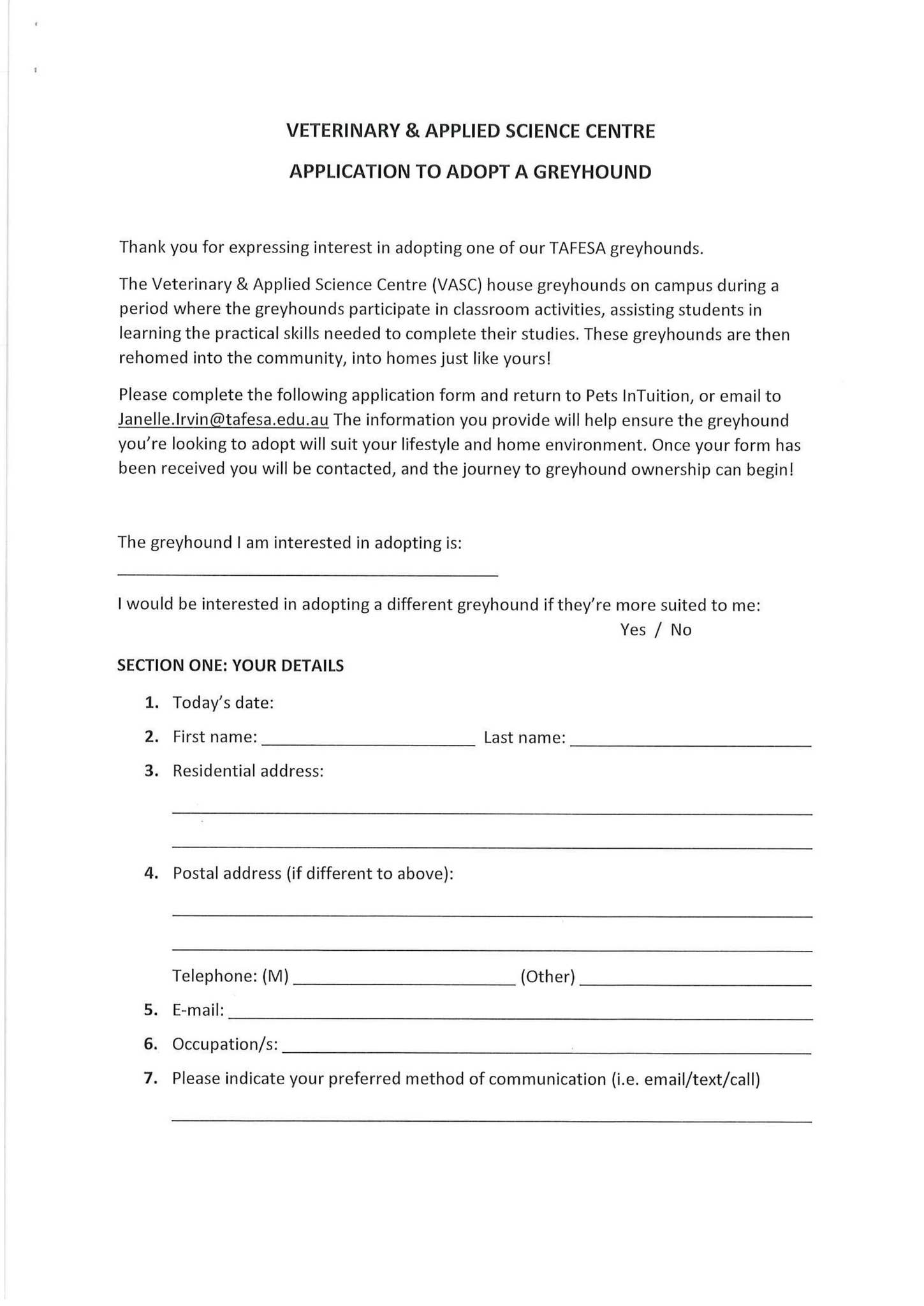 Application Form: Adopt A Greyhound by TAFE SA - Issuu