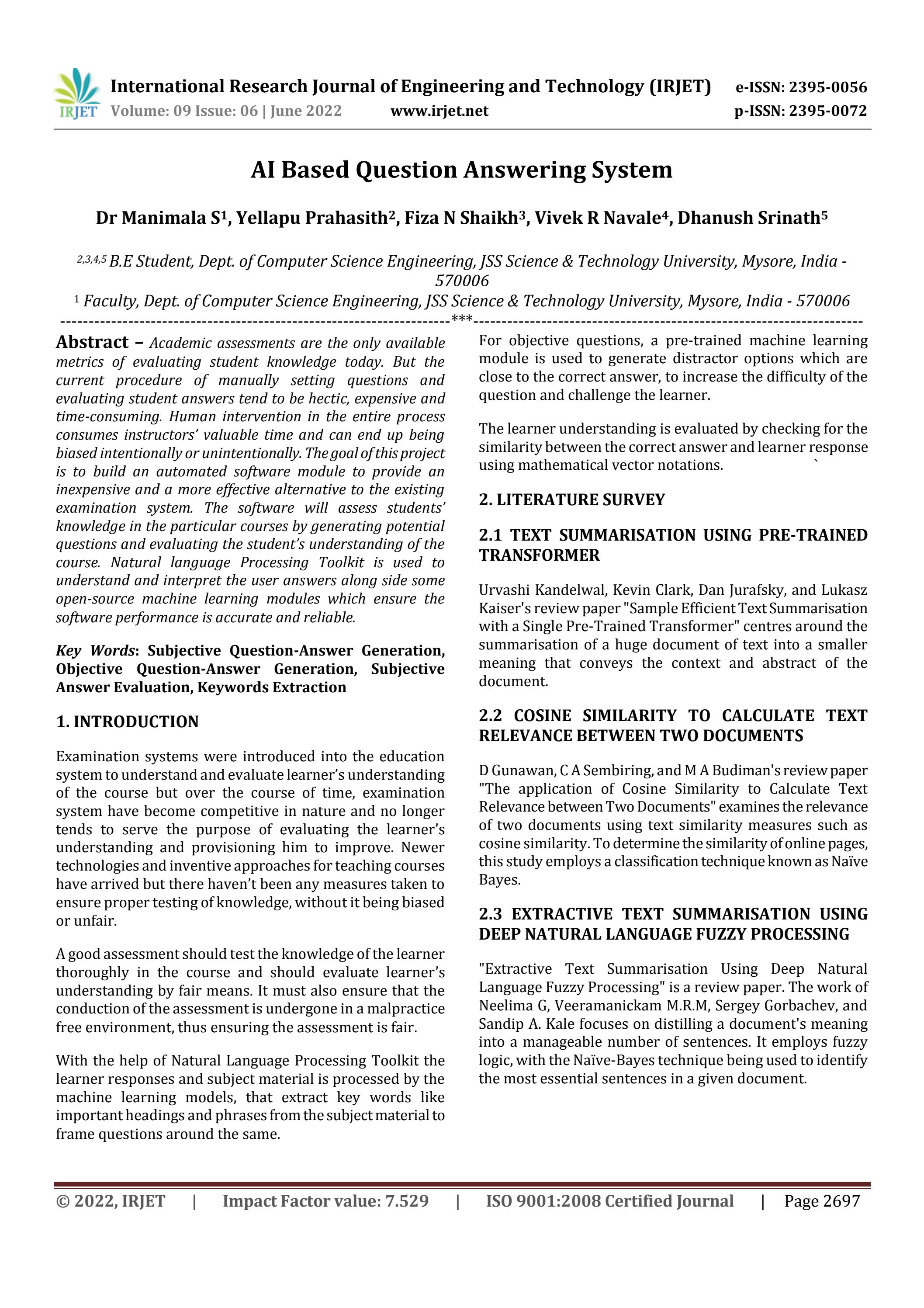 AI Based Question Answering System by IRJET Journal - Issuu
