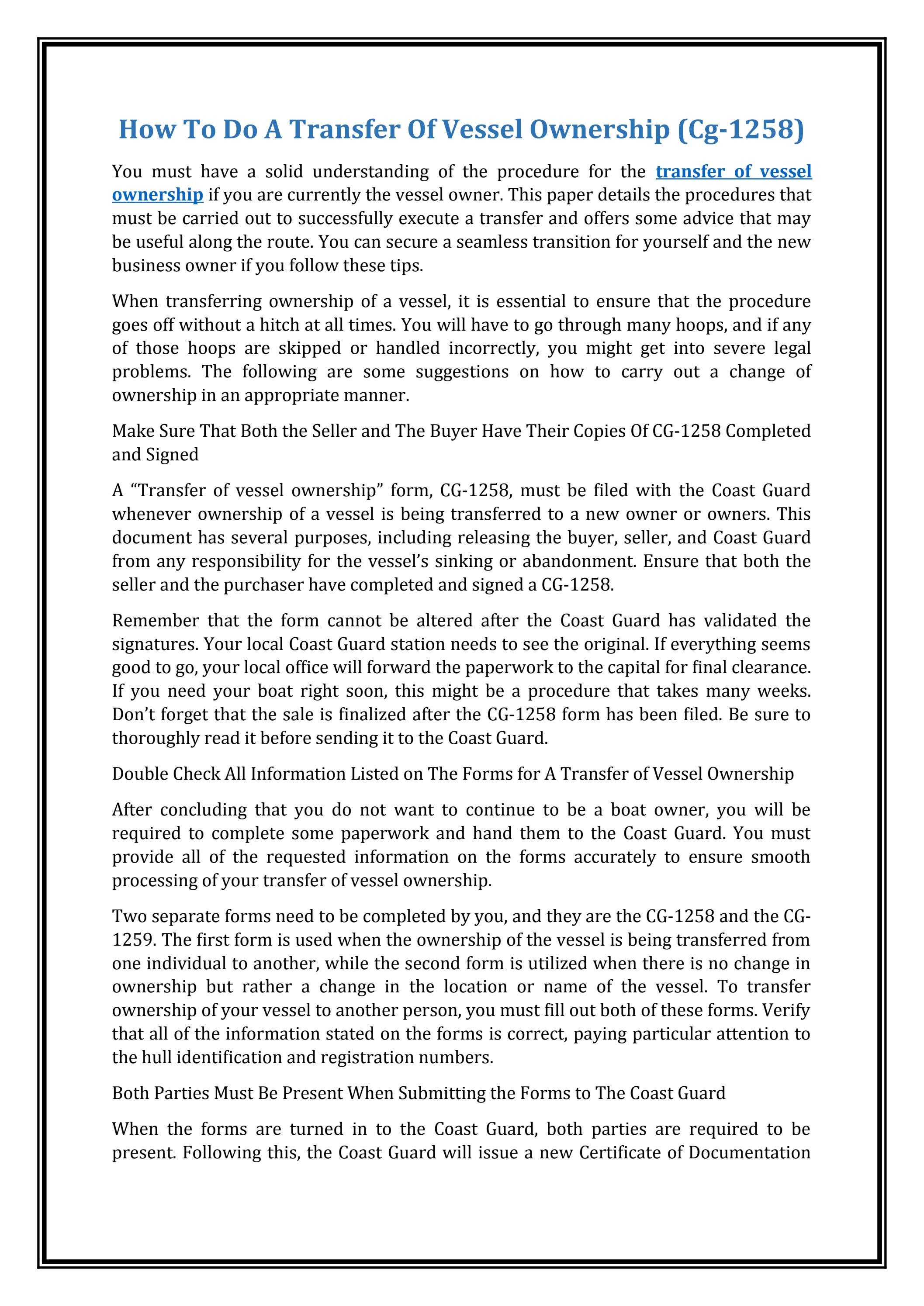 How To Do A Transfer Of Vessel Ownership (Cg-1258) by Chirag Patel - Issuu