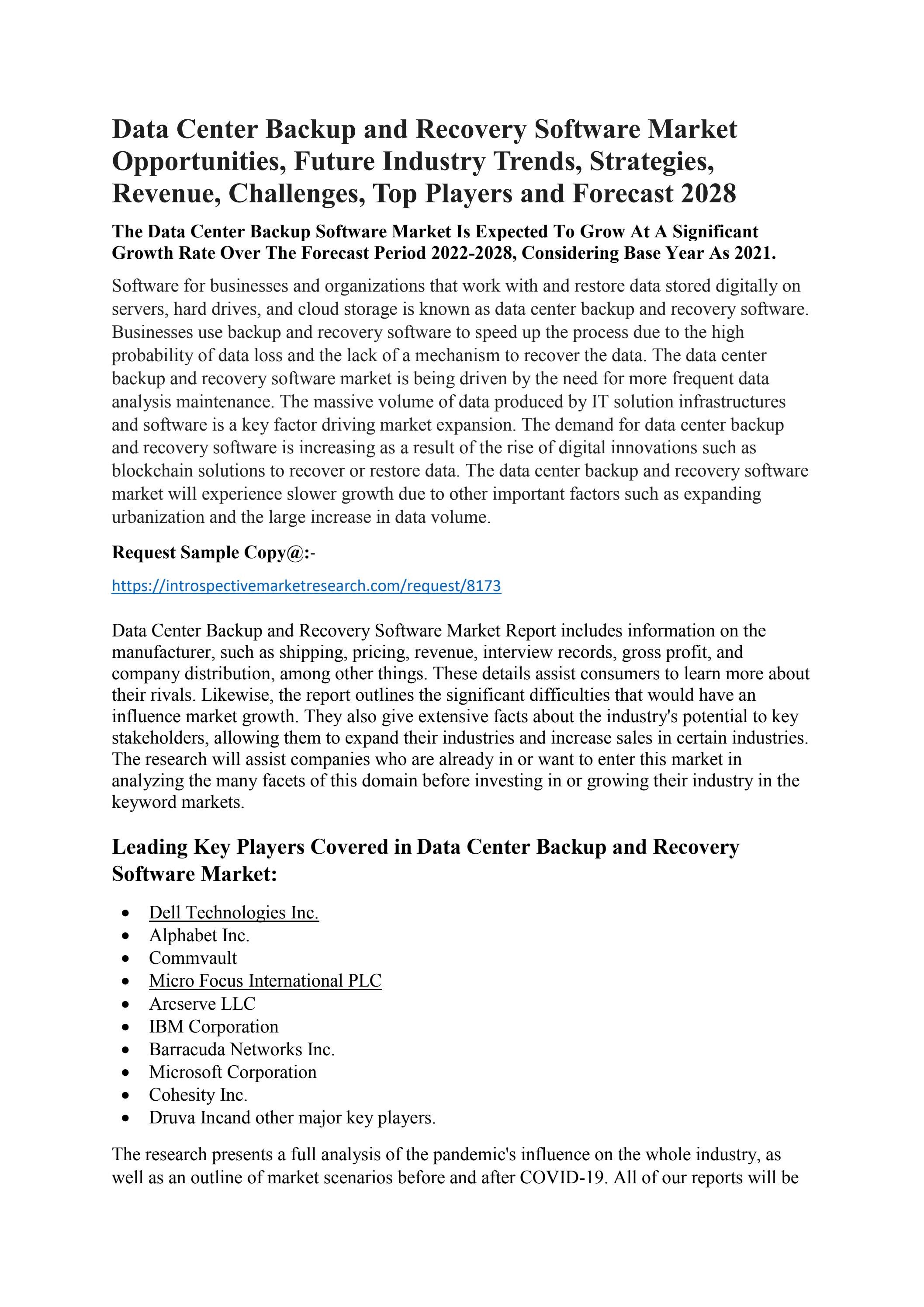 Data Center Backup And Recovery Software Market Opportunities Future