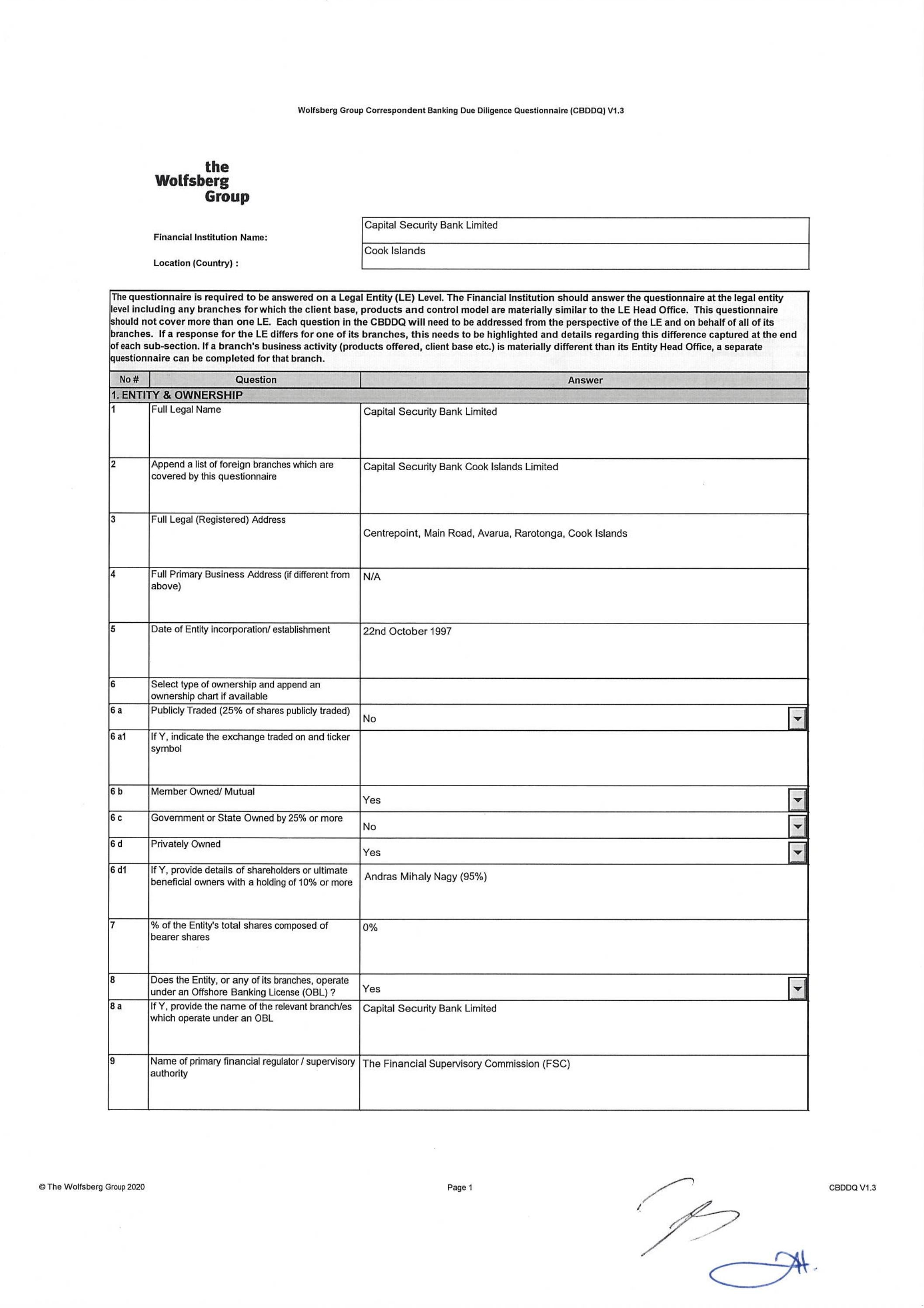 Wolfsberg Group Questionnaire by CSB Chiavanni Le'Mon - Issuu