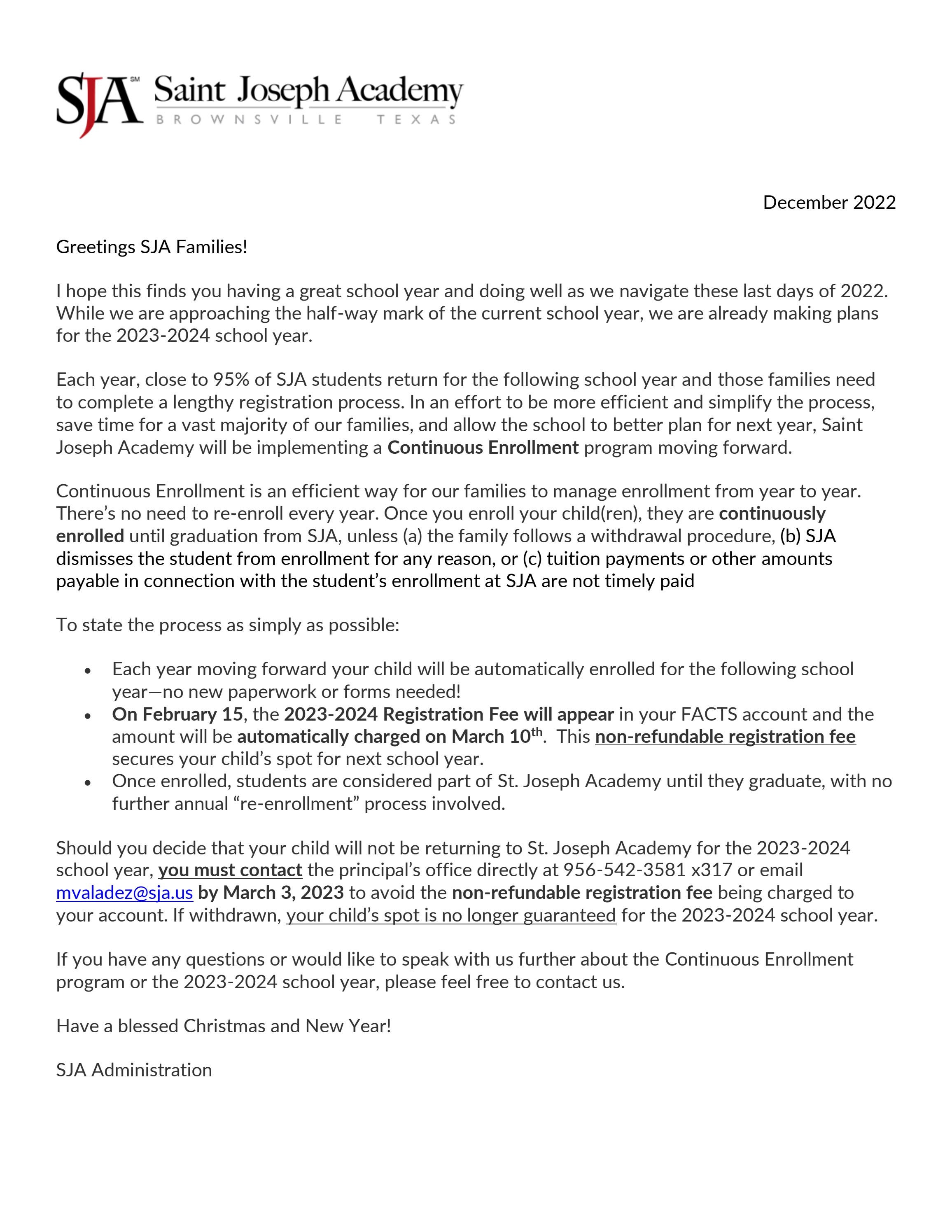 Continuous Enrollment Letter by St. Joseph Academy - Issuu