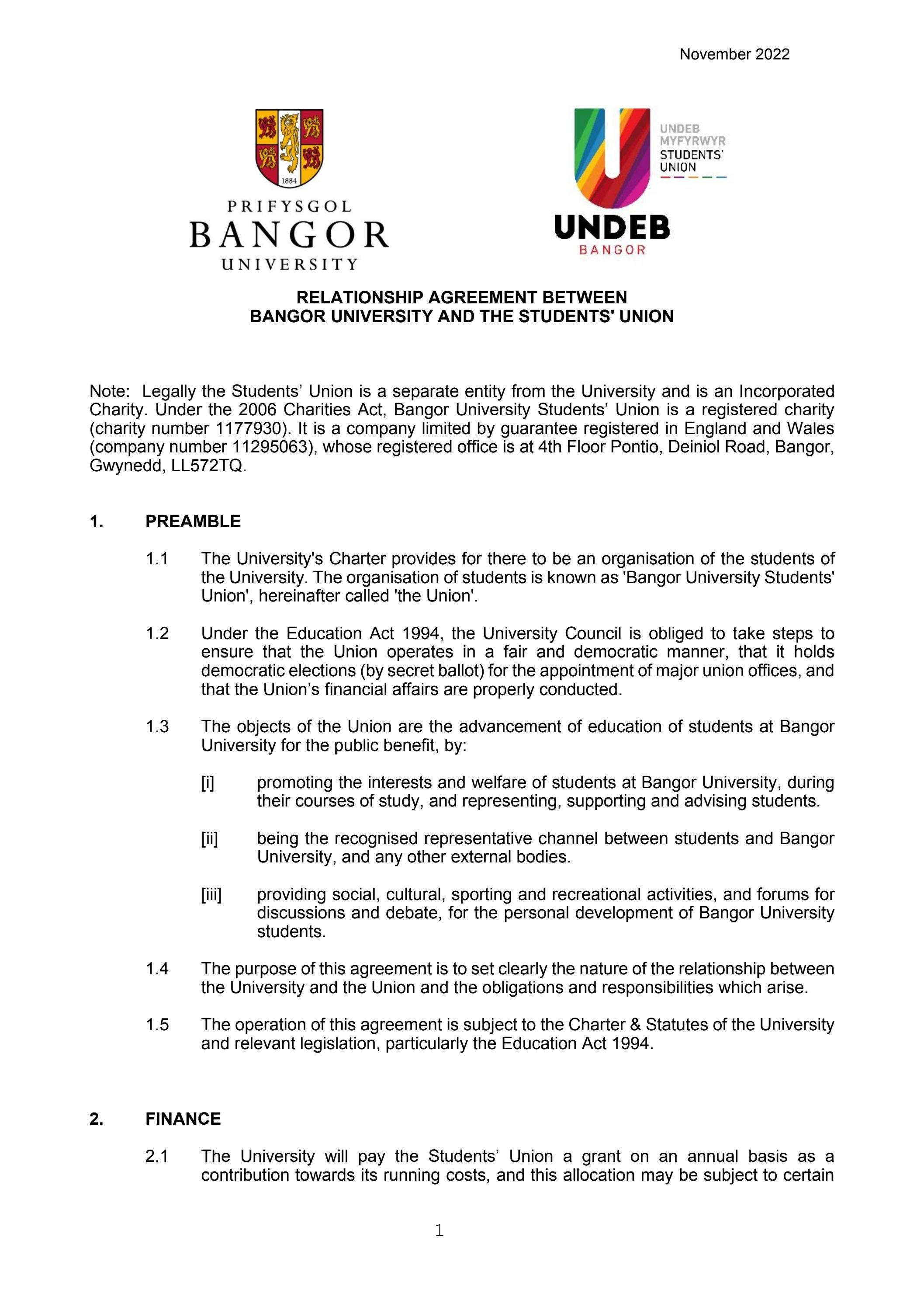 Relationship Agreement between Bangor University and The Students Union ...