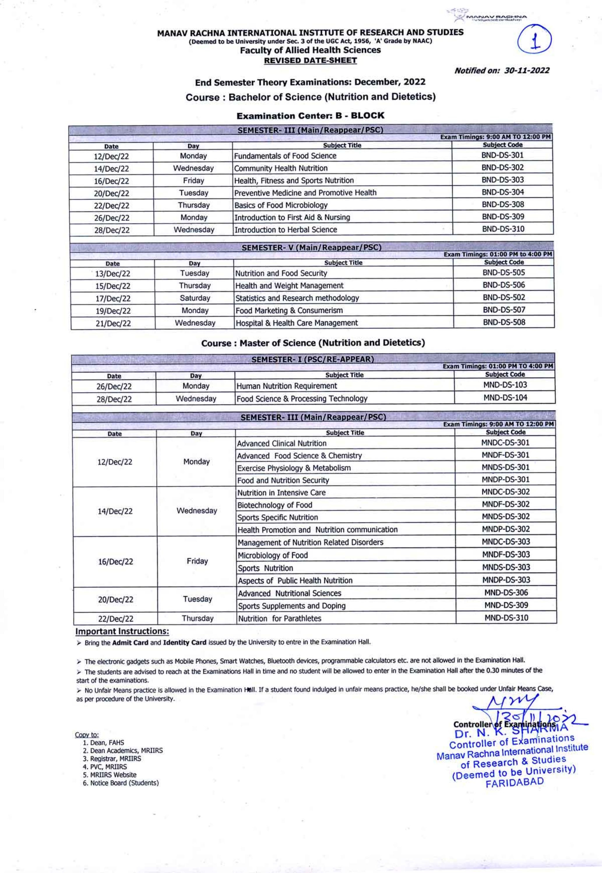 fahs-datesheet-revised-end-sem-exam-dec-2022 by Manav Rachn University ...