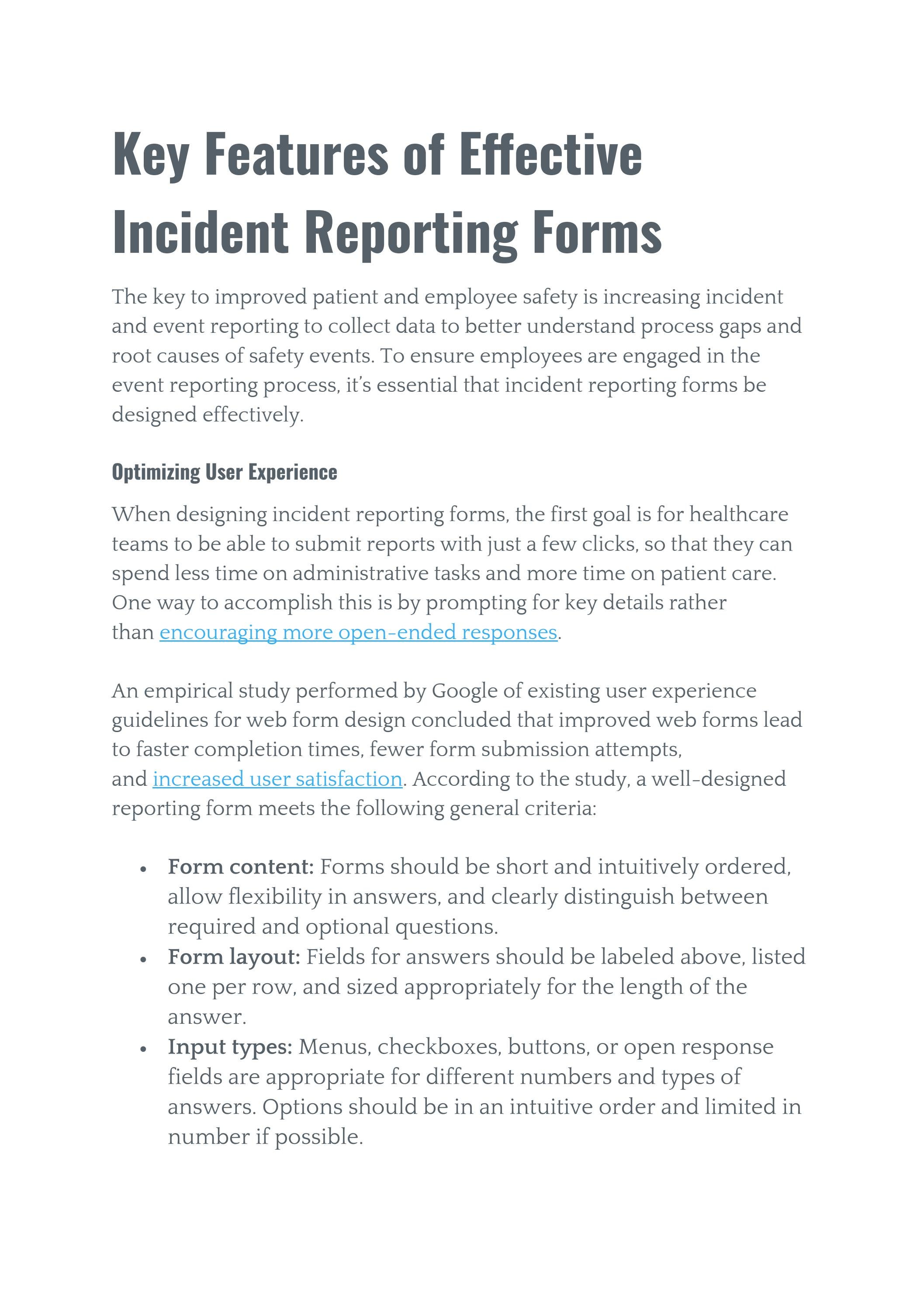 Features of Effective Incident Reporting Forms by ...