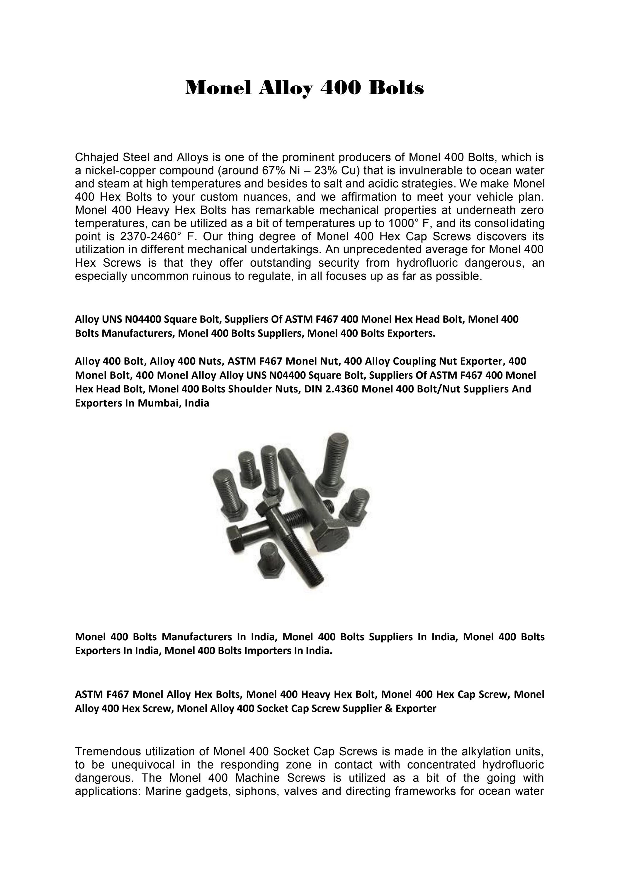 Monel 400 Bolts Suppliers in Mumbai by chhajedfastener - Issuu