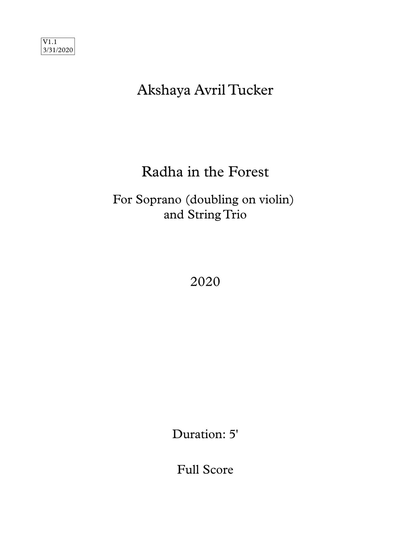 Akshaya Avril Tucker: Radha in the Forest (2020) for Soprano and String ...