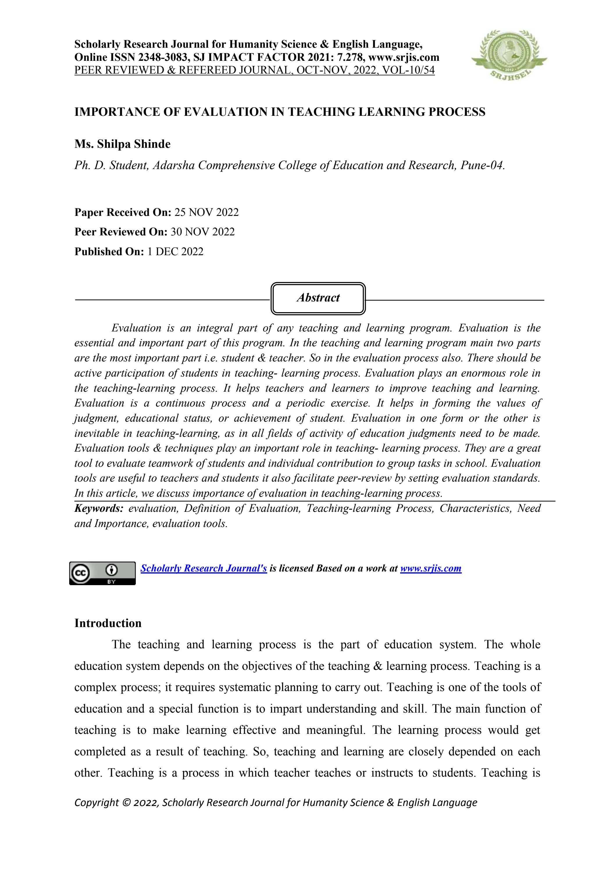 IMPORTANCE OF EVALUATION IN TEACHING LEARNING PROCESS By Scholarly 