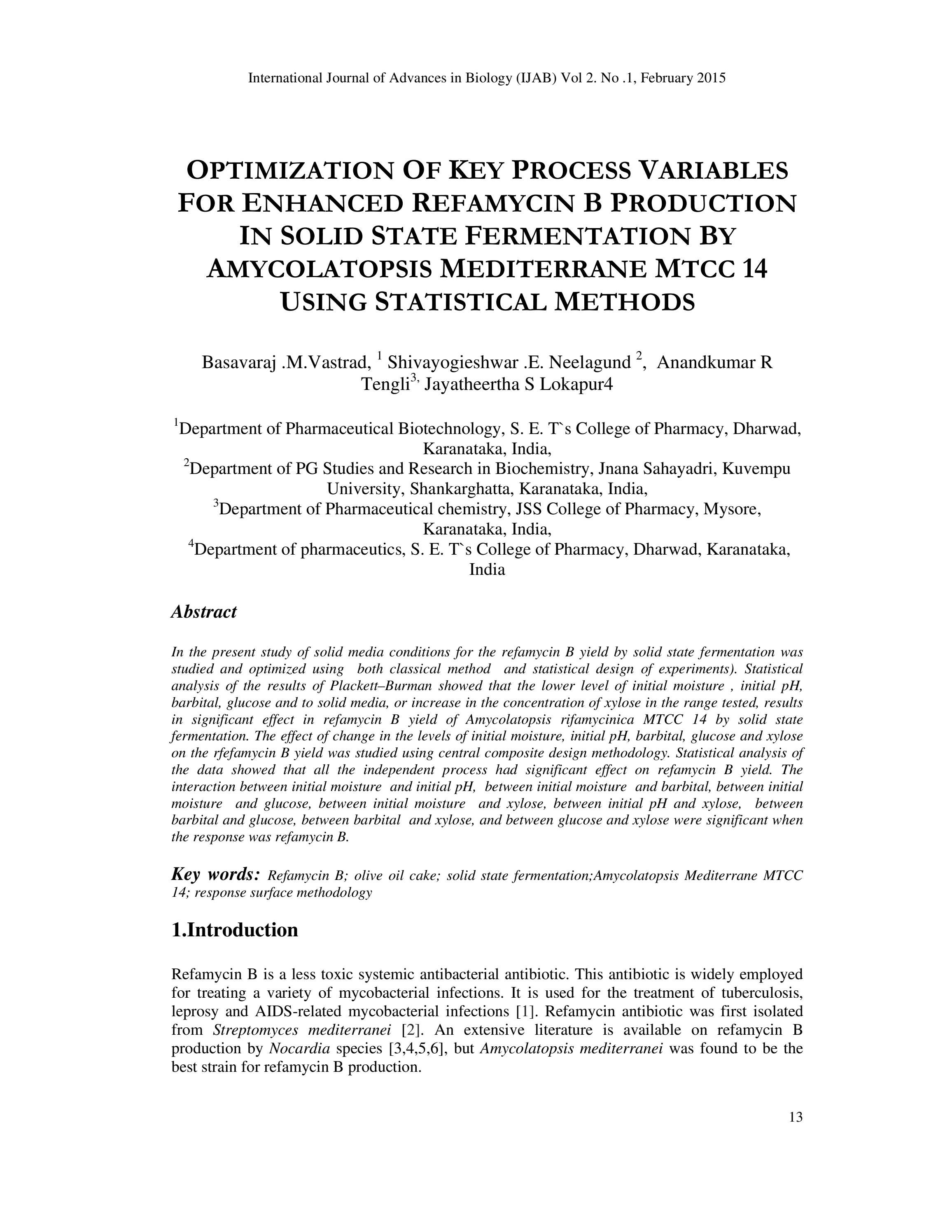 OPTIMIZATION OF KEY PROCESS VARIABLES FOR ENHANCED REFAMYCIN B ...