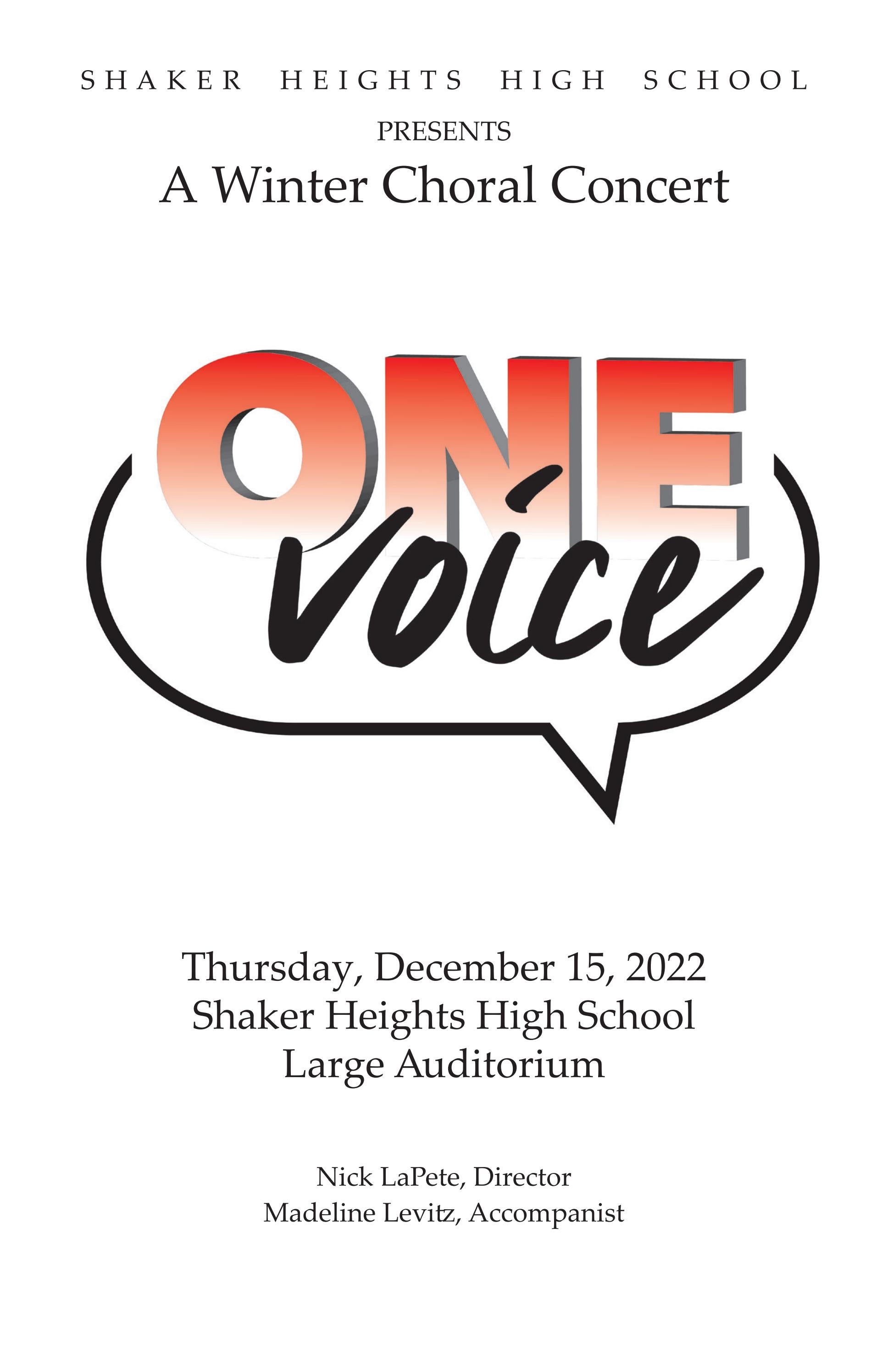 Shaker Heights High School Presents One Voice, A Winter Choral Concert ...