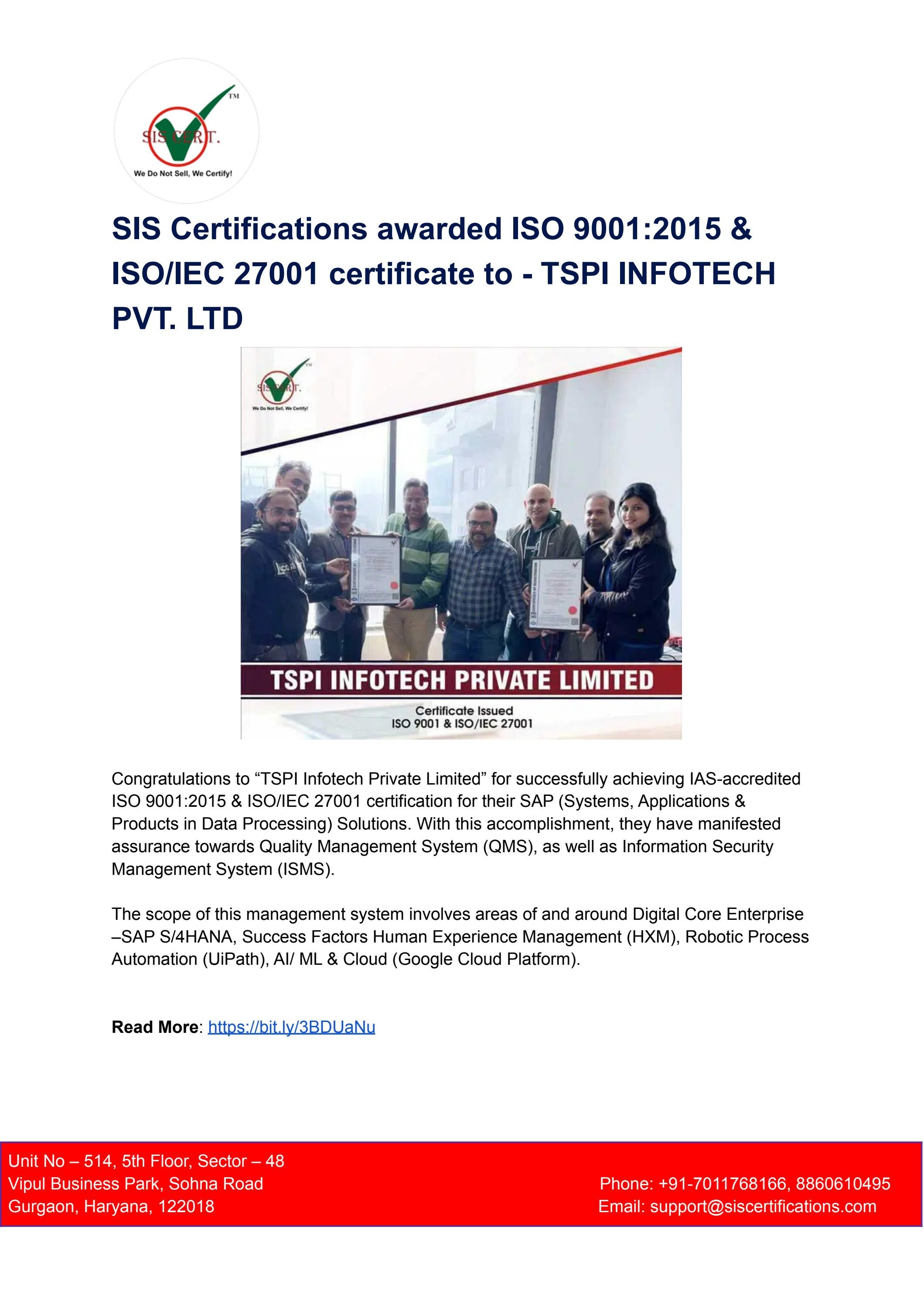Tspi Infotech Private Limited - SIS Certifications by SIS Certifications - Issuu