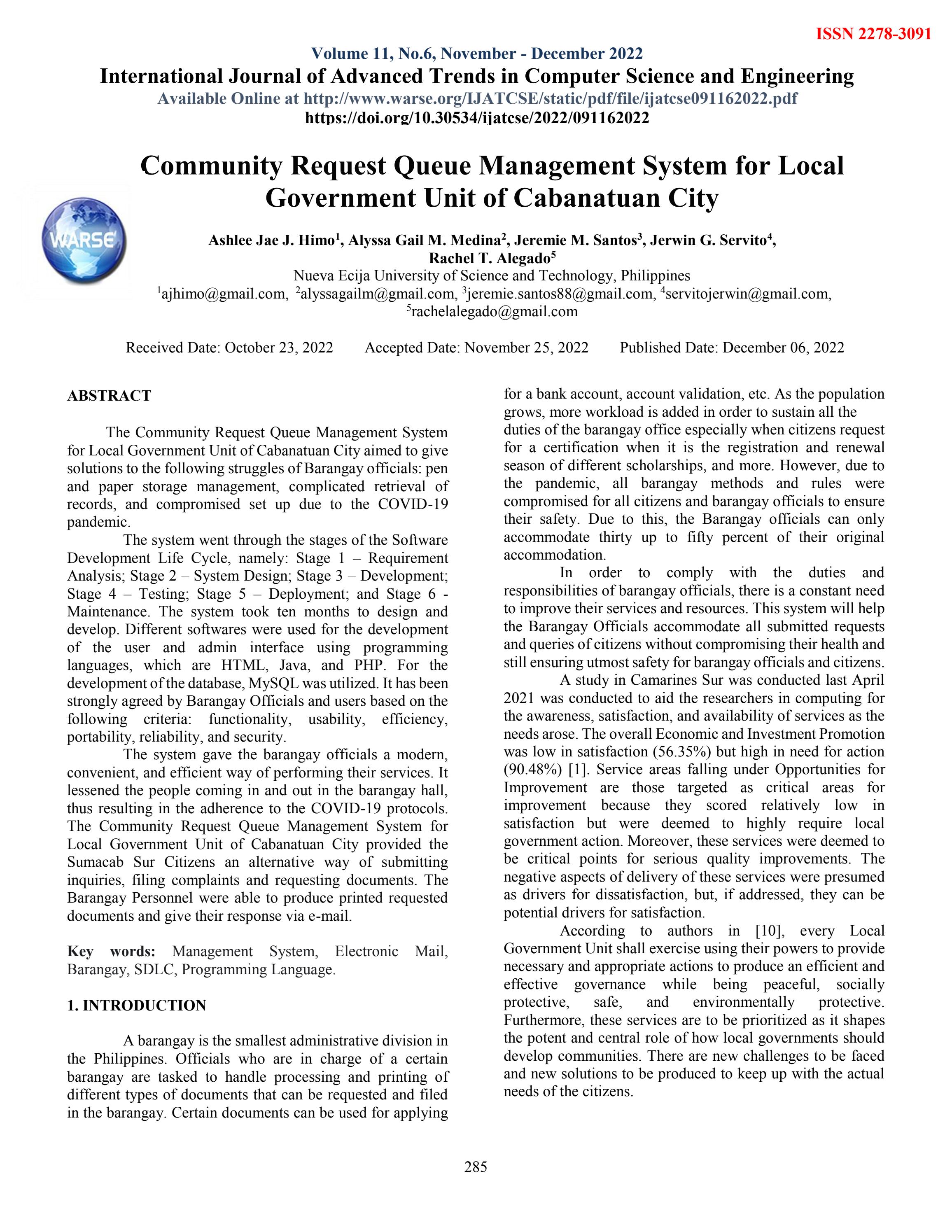 Community Request Queue Management System for Local Government Unit of Cabanatuan City by The ...