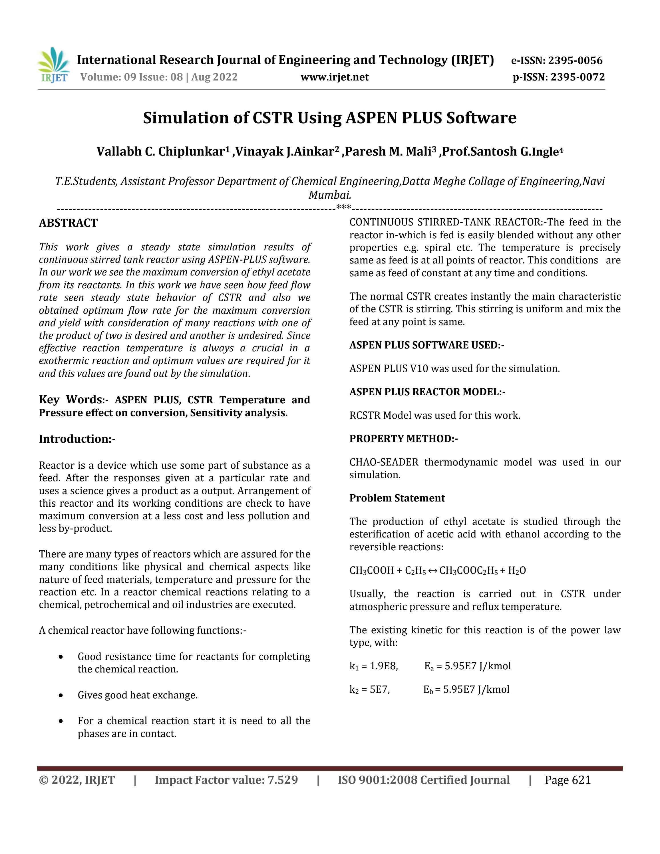 Simulation of CSTR Using ASPEN PLUS Software by IRJET Journal - Issuu