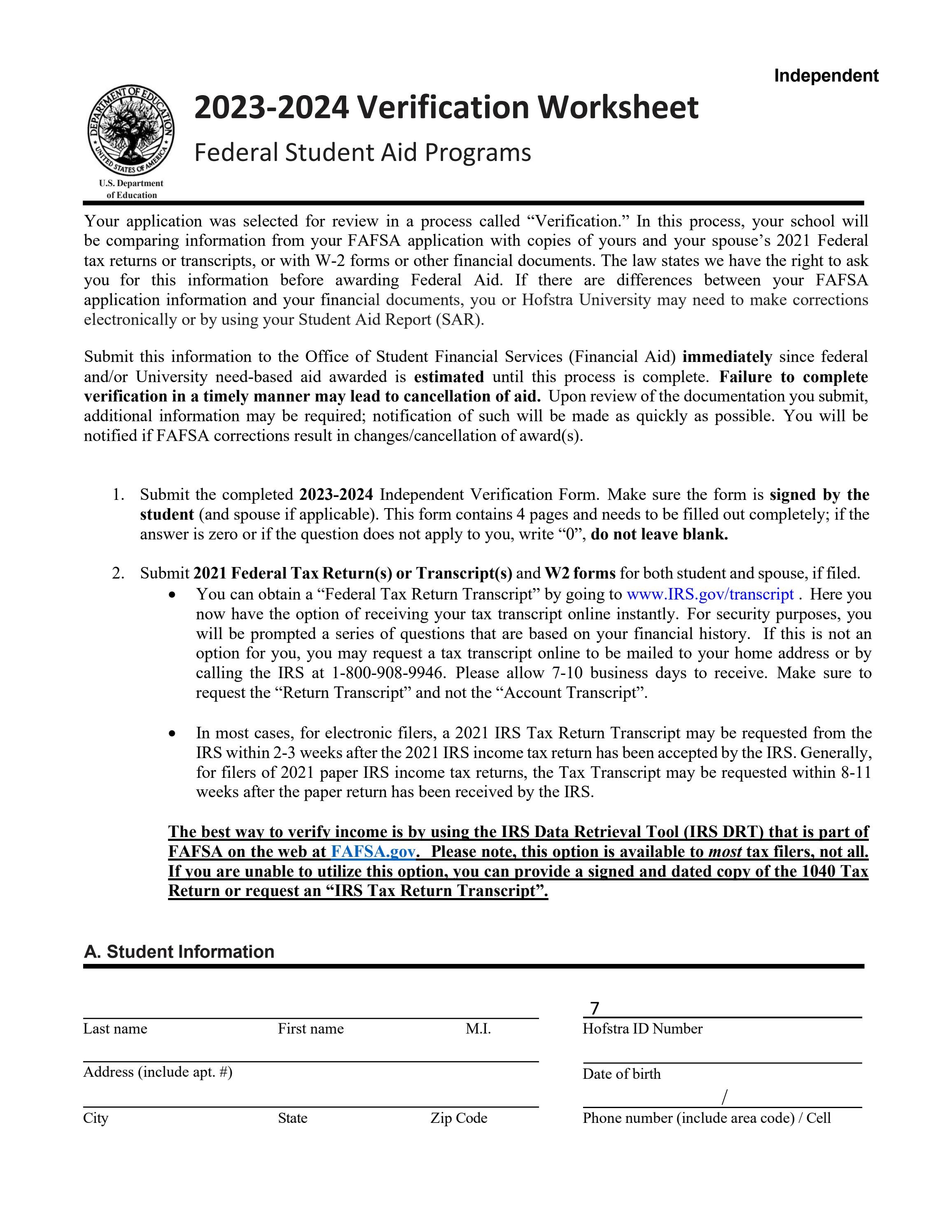2023 2024 Verification Worksheet Independent By Hofstra University 
