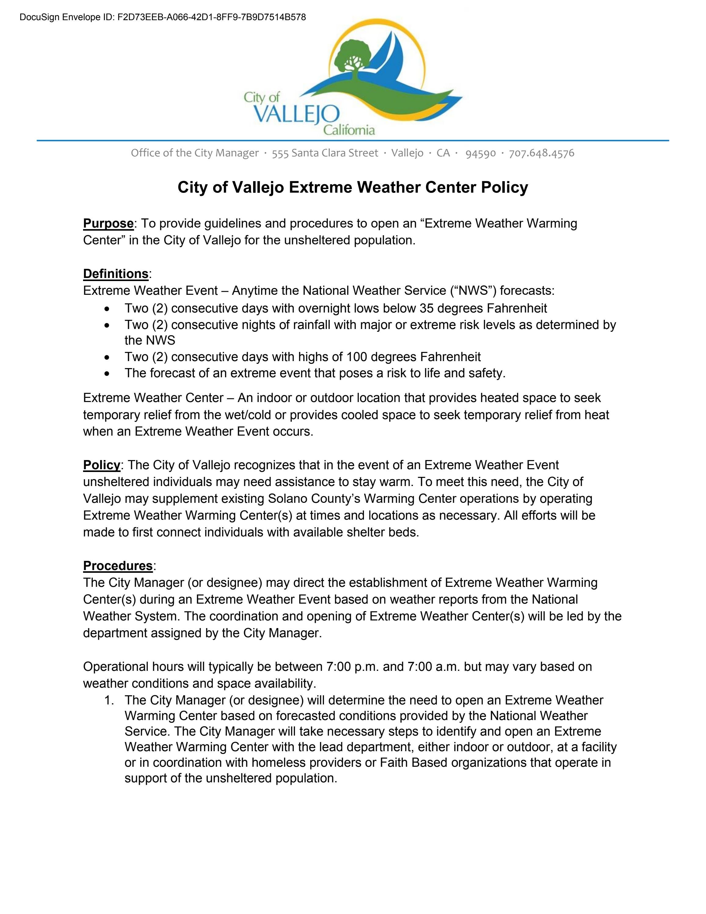 City of Vallejo Extreme Weather Center Policy by cityofvallejo - Issuu