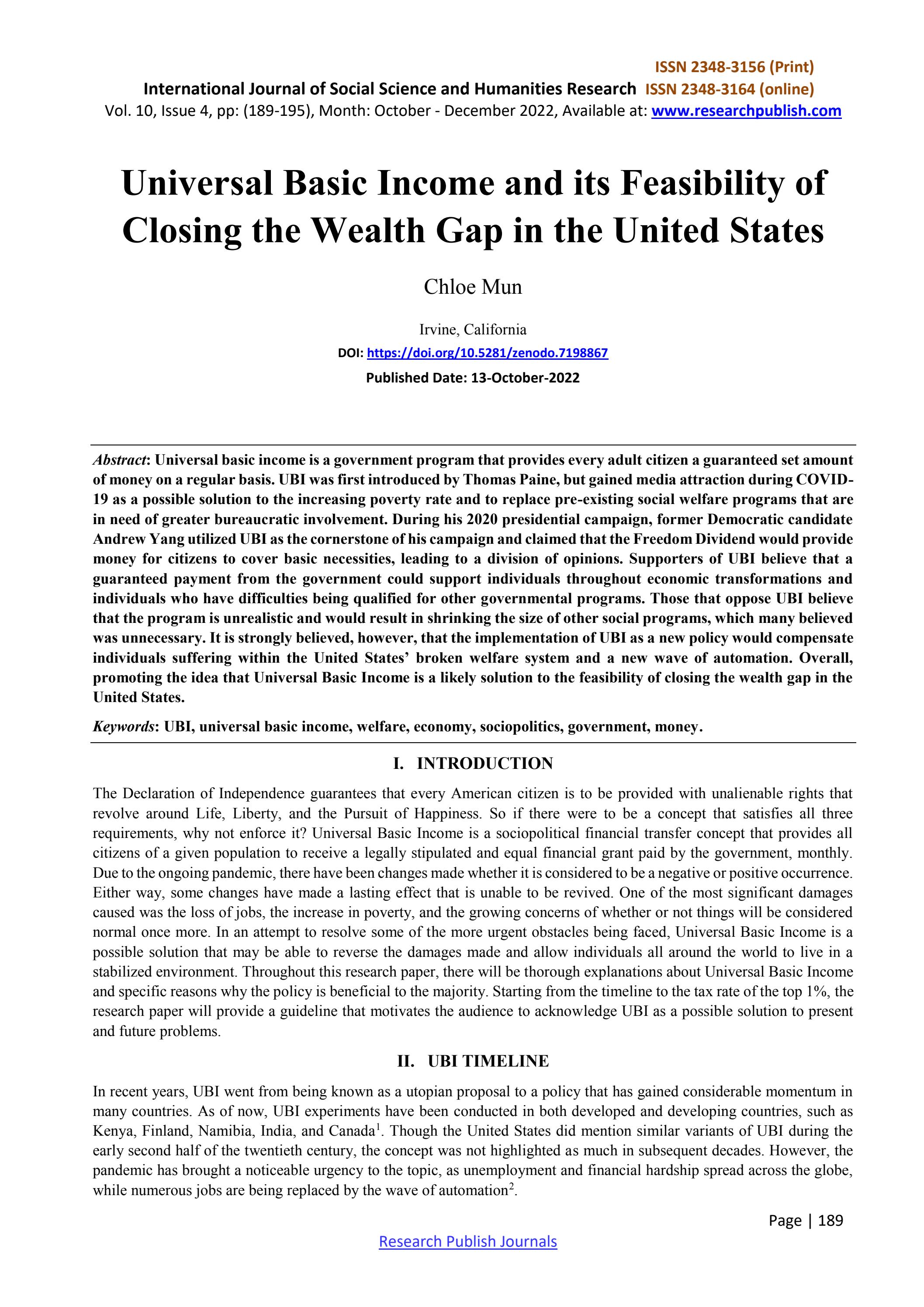 Universal Basic Income and its Feasibility of Closing the Wealth Gap in ...
