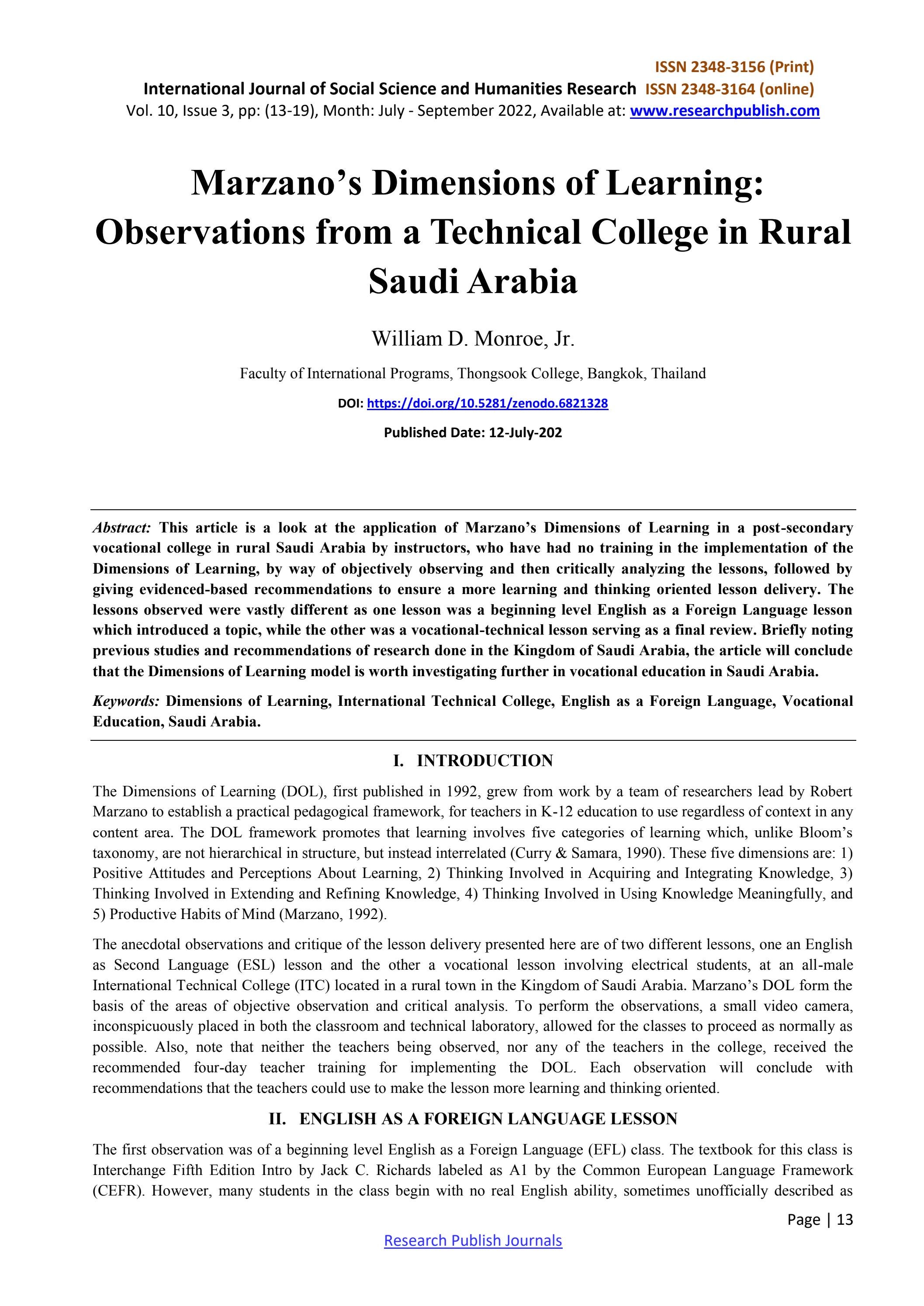Marzano’s Dimensions of Learning: Observations from a Technical College ...