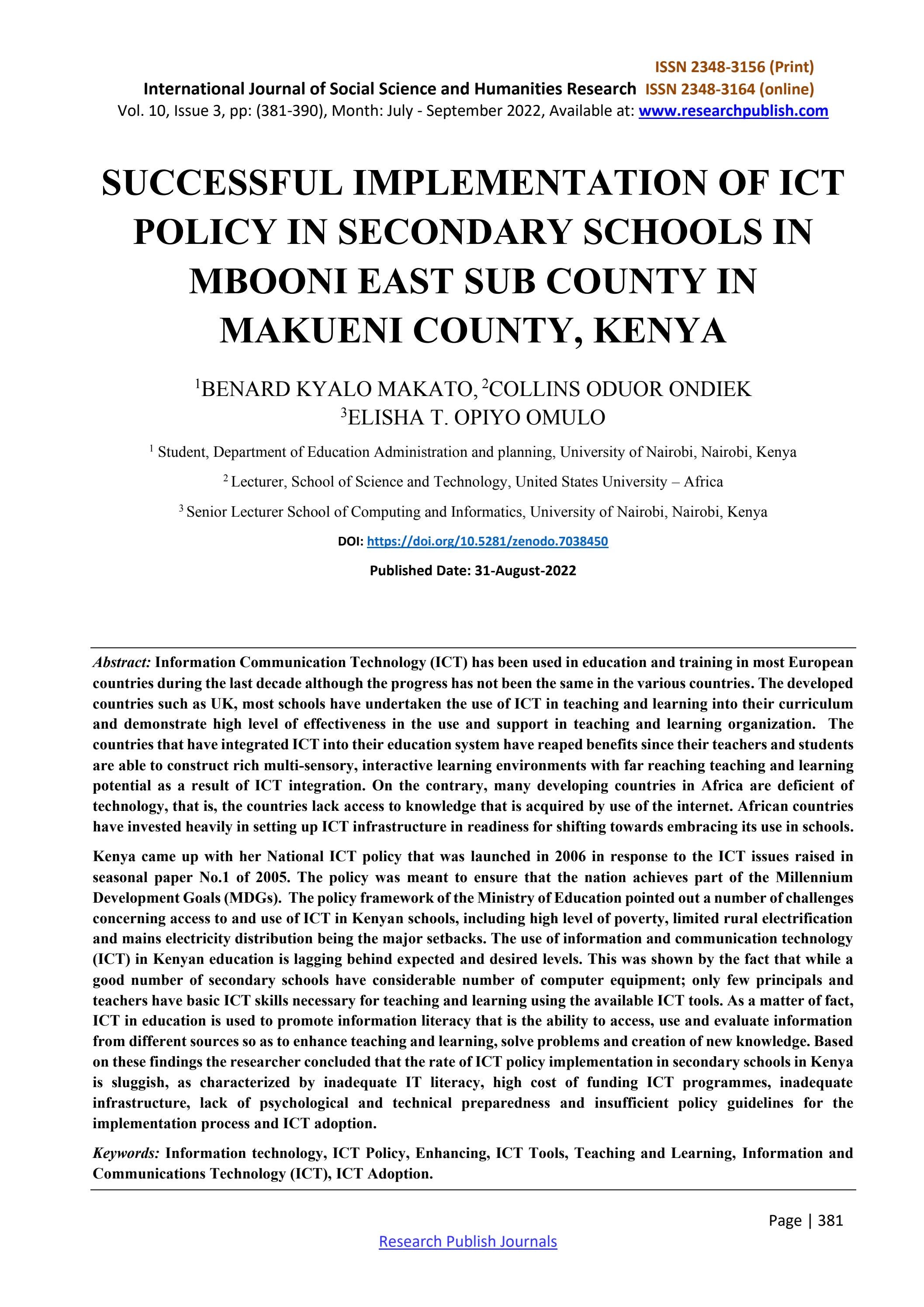 SUCCESSFUL IMPLEMENTATION OF ICT POLICY IN SECONDARY SCHOOLS IN MBOONI ...