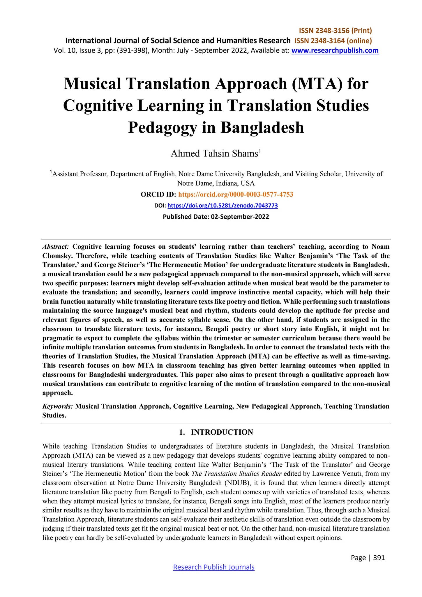 Musical Translation Approach (MTA) for Cognitive Learning in ...