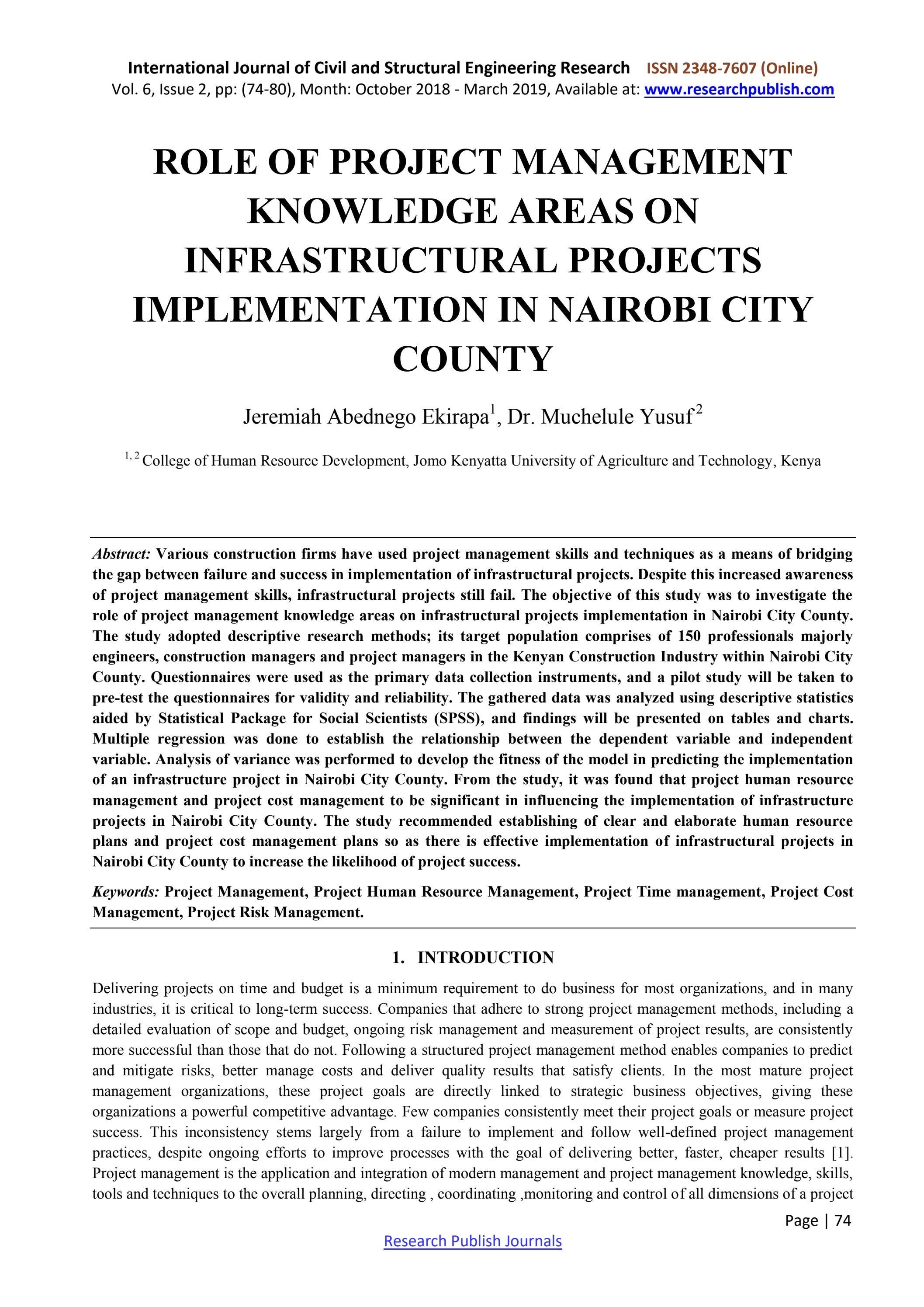 ROLE OF PROJECT MANAGEMENT KNOWLEDGE AREAS ON INFRASTRUCTURAL PROJECTS