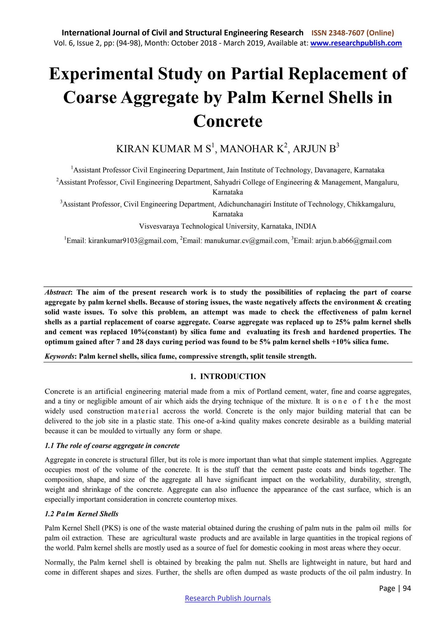 Experimental Study on Partial Replacement of Coarse Aggregate by Palm ...