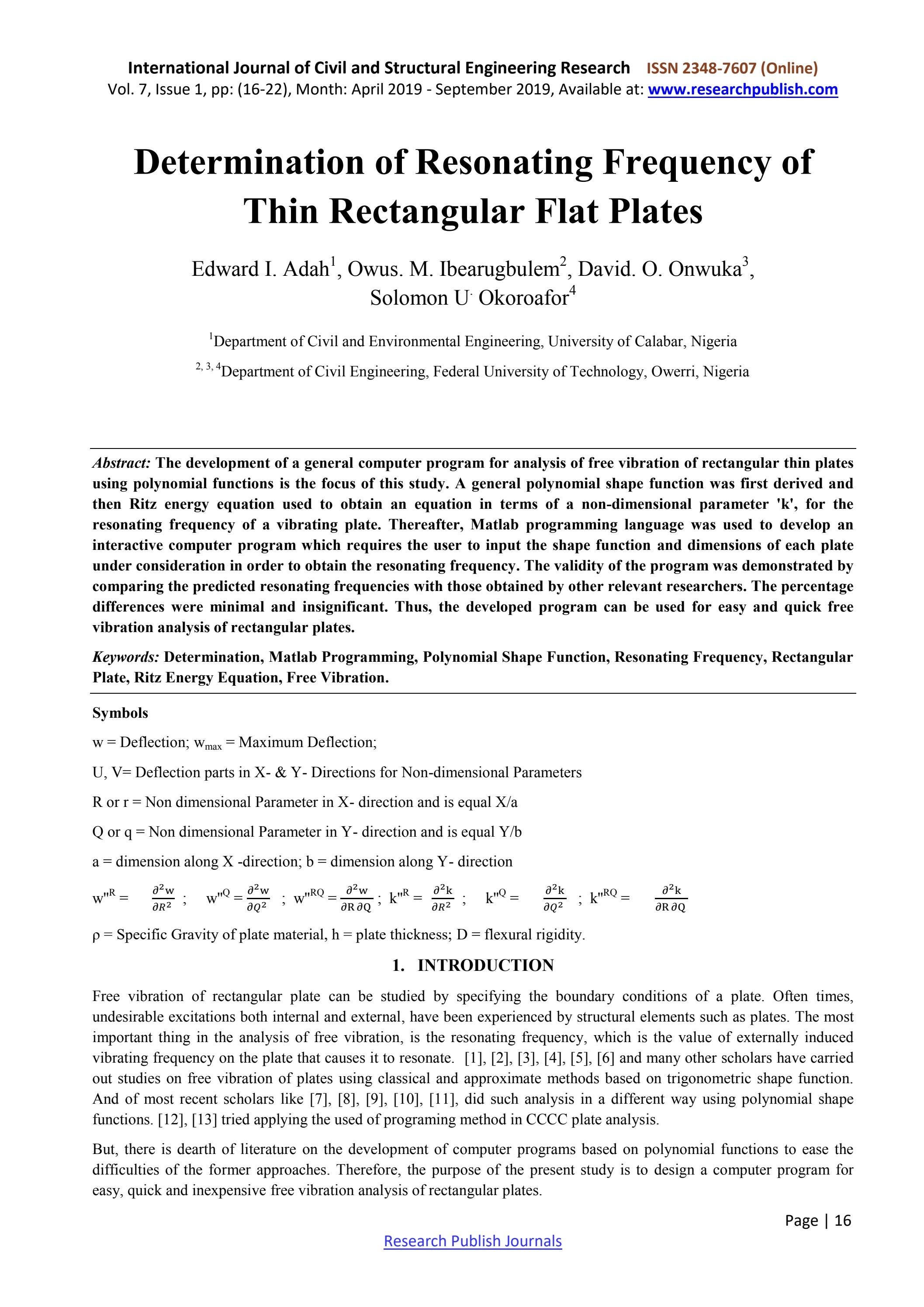 Determination of Resonating Frequency of Thin Rectangular Flat Plates ... Determination of Resonating Frequency of Thin Rectangular Flat Plates ...