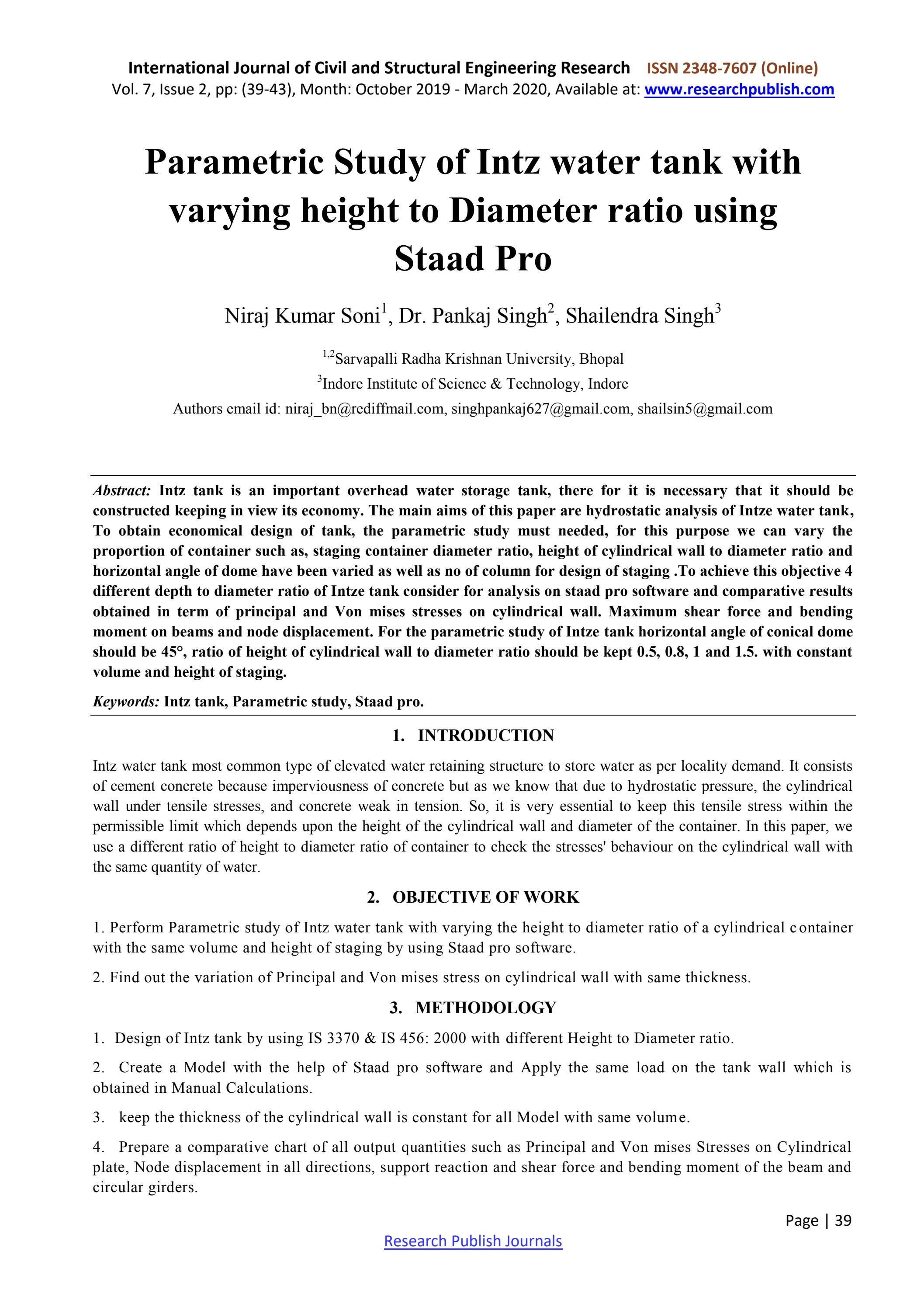 Parametric Study of Intz water tank with varying height to Diameter ...