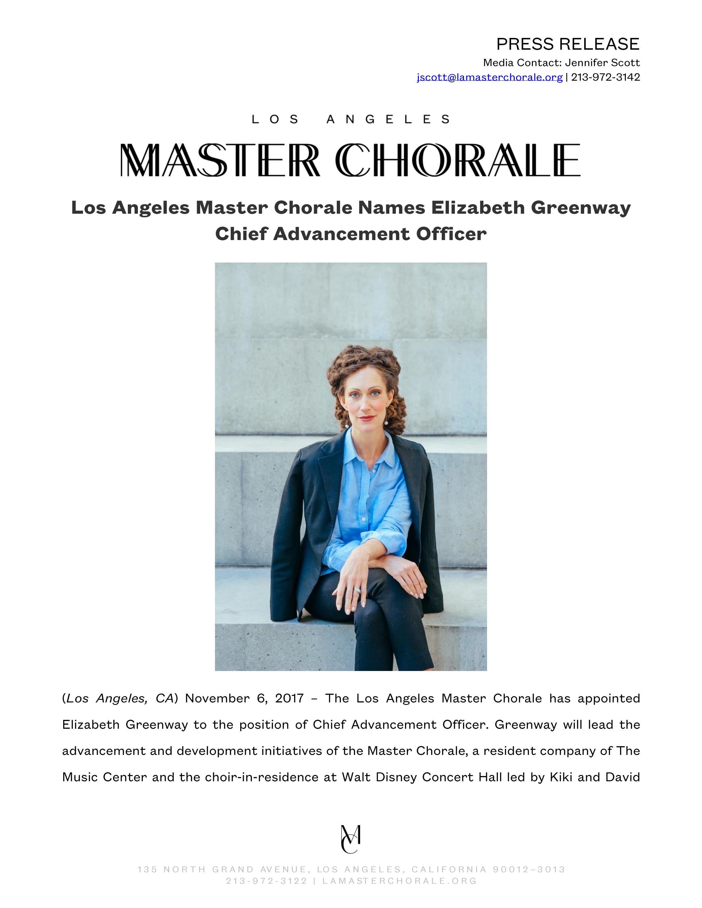 Los Angeles Master Chorale Names Elizabeth Greenway Chief Advancement ...