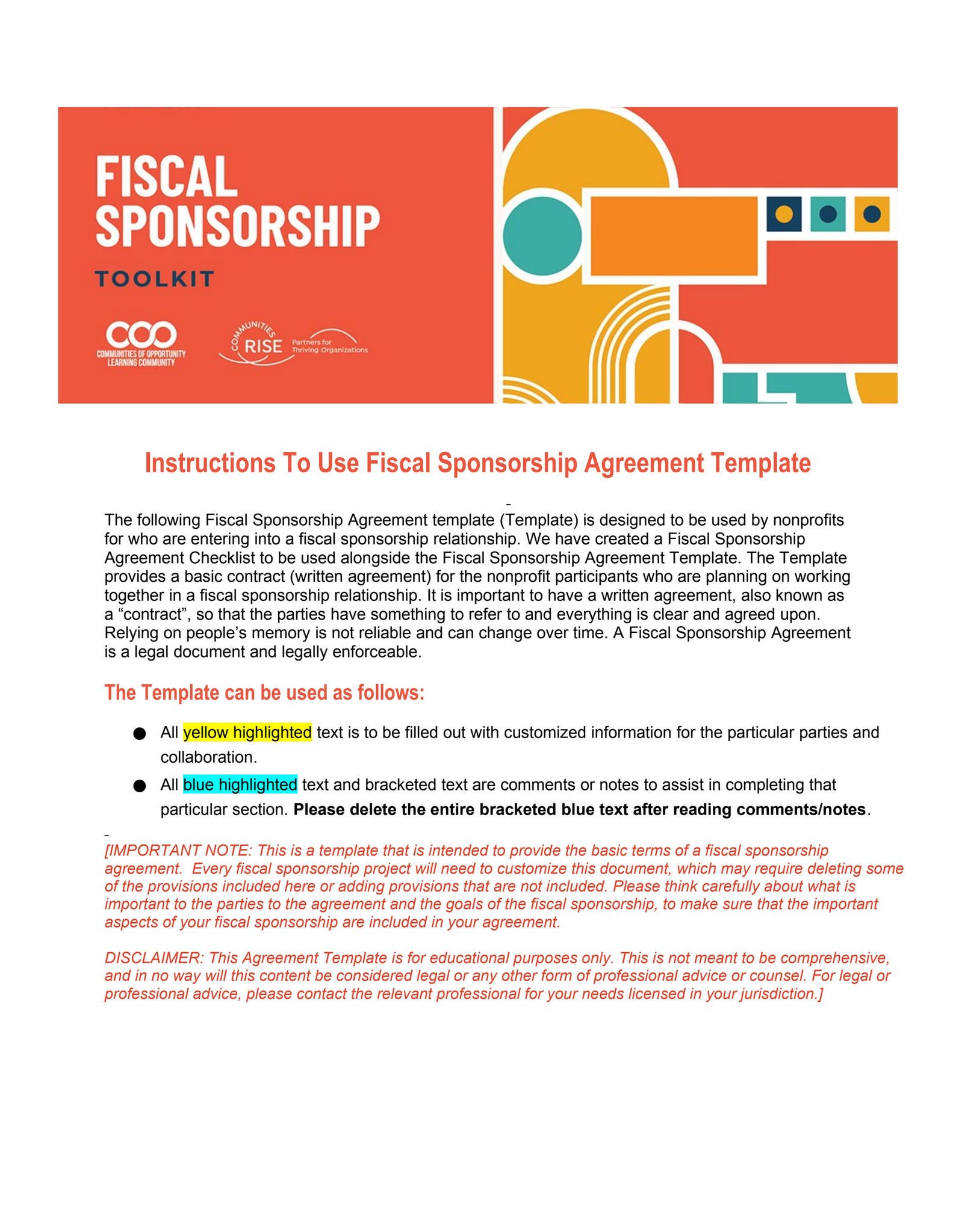 COO Fiscal Sponsorship Agreement Template by coopartnerships - Issuu