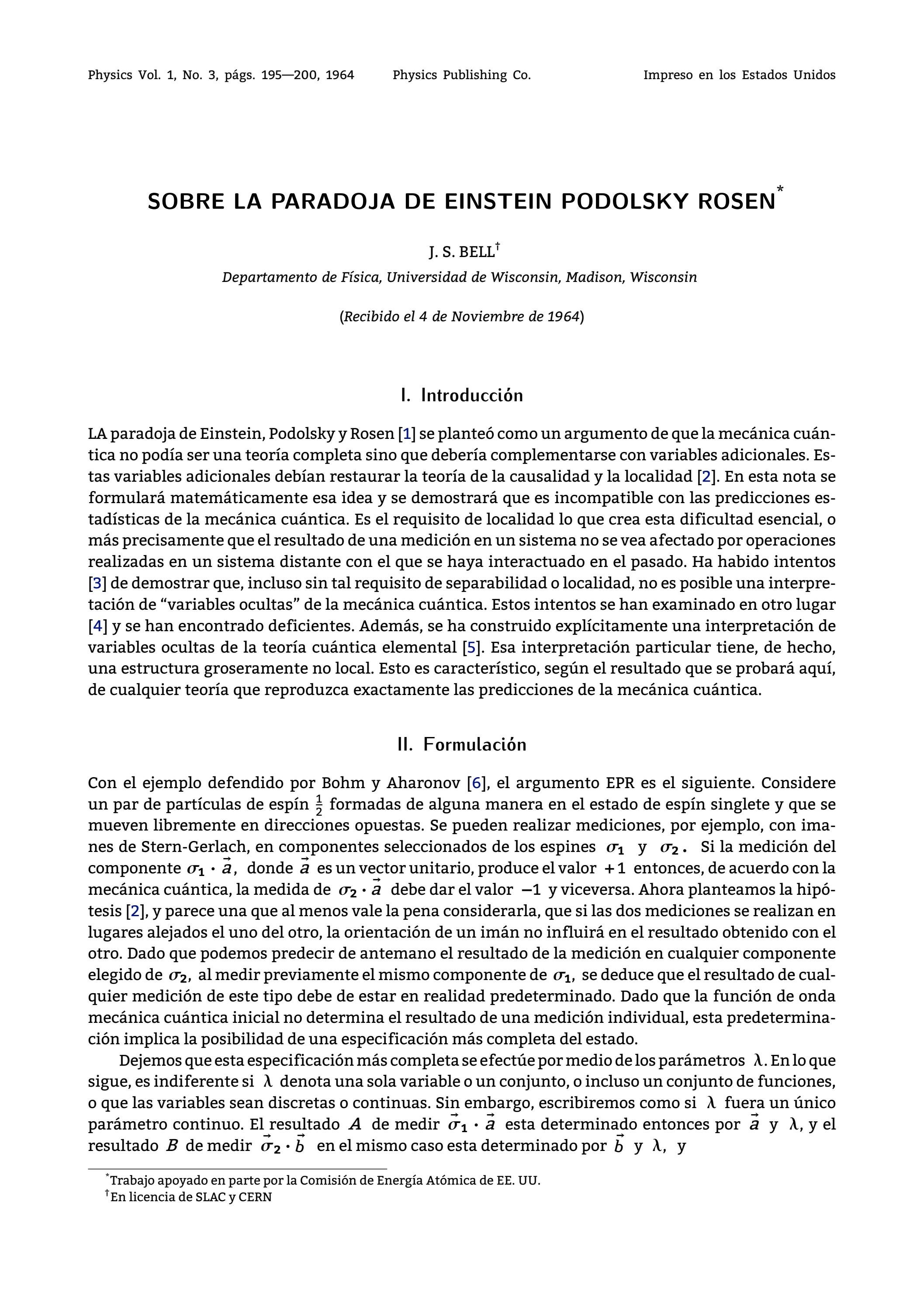 Sobre la Paradoja de Einstein Podolsky Rosen - John S Bell (1964) by ...