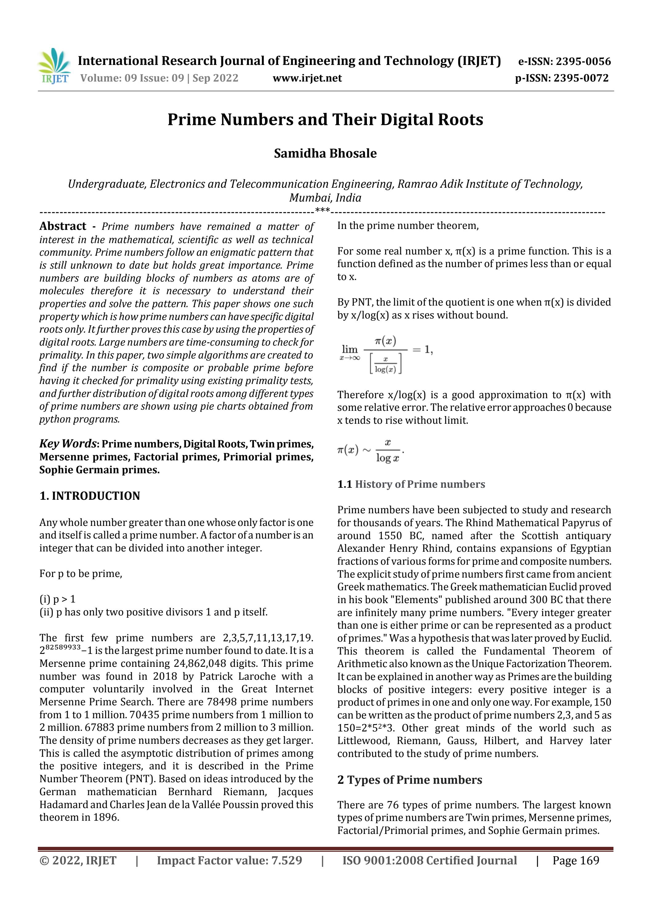 Prime Numbers and Their Digital Roots by IRJET Journal - Issuu