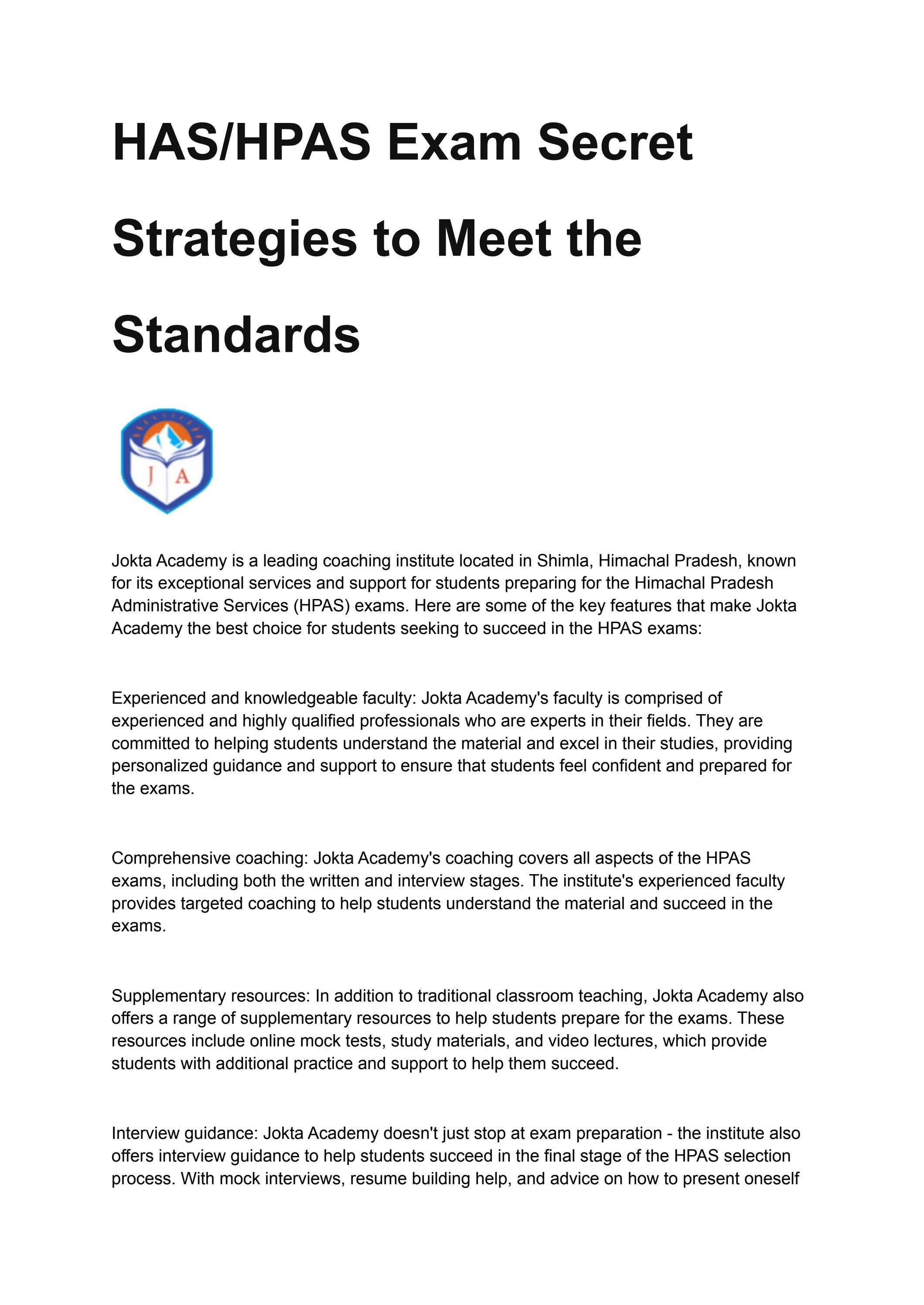 HAS/HPAS Exam Secret Strategies to Meet the Standards by Jokta Academy ...